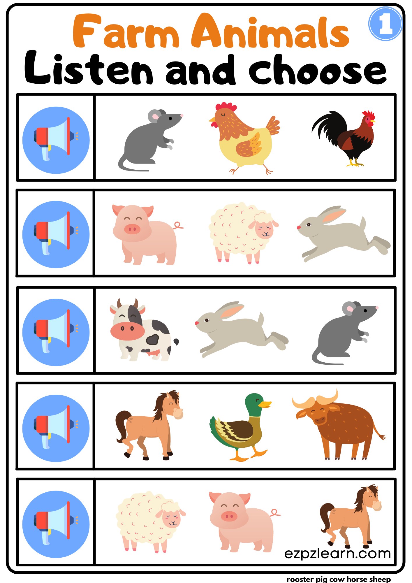 Listen and Choose Interactive Worksheet for Farm Animals Objects Group ...