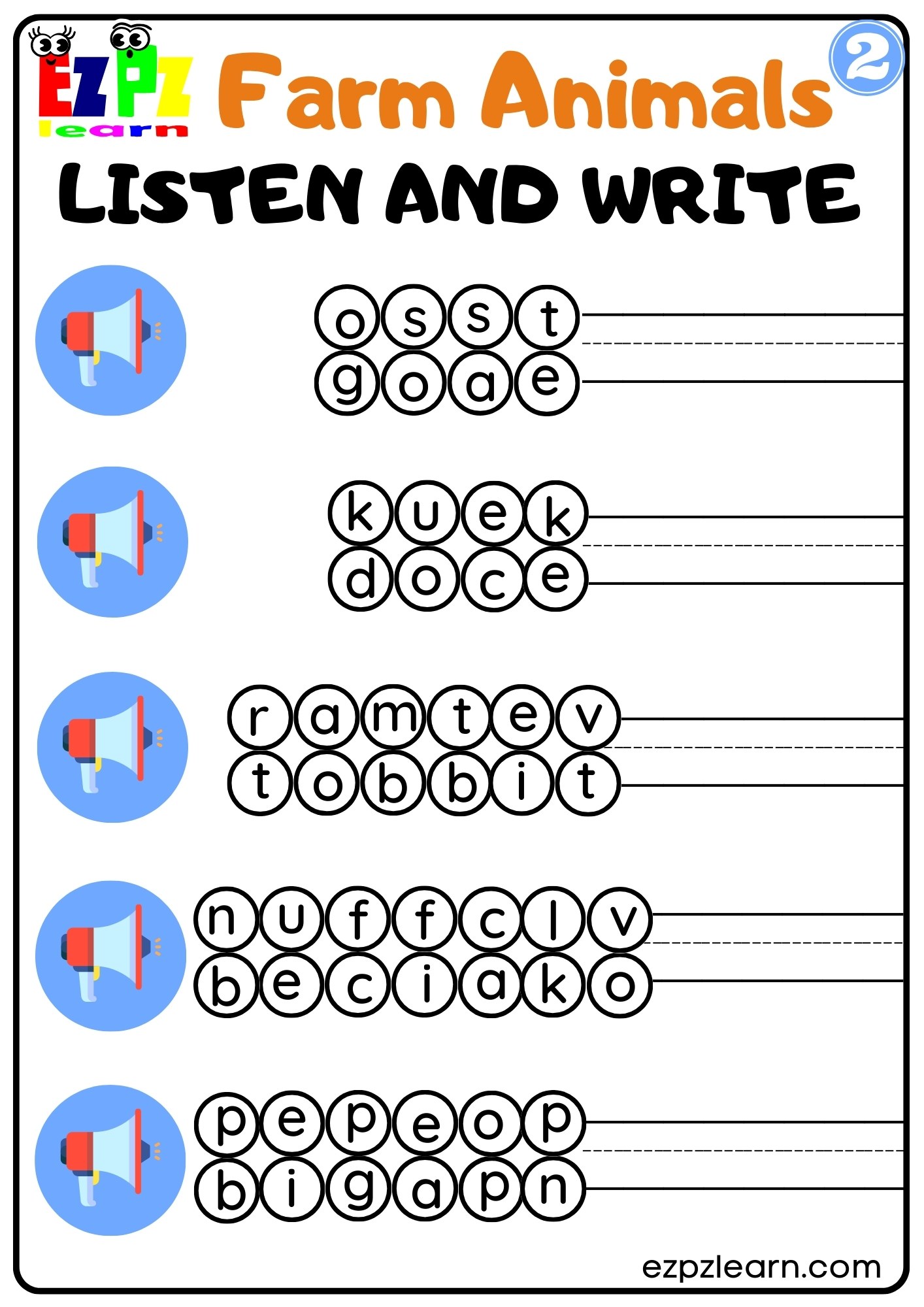 Interactive Worksheet for Farm Animals Listen and Write Activity for ...