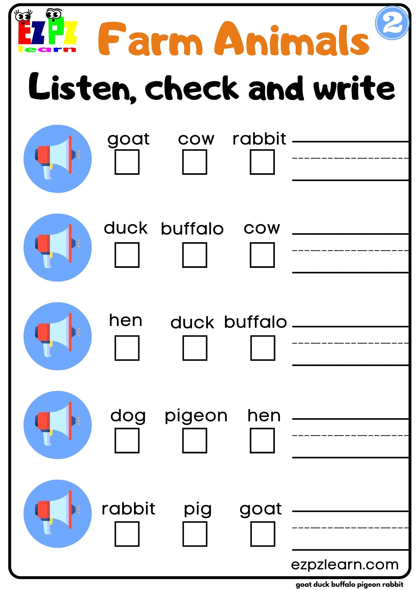 Interactive Worksheet for Farm Animals Listen Check and Write Activity ...