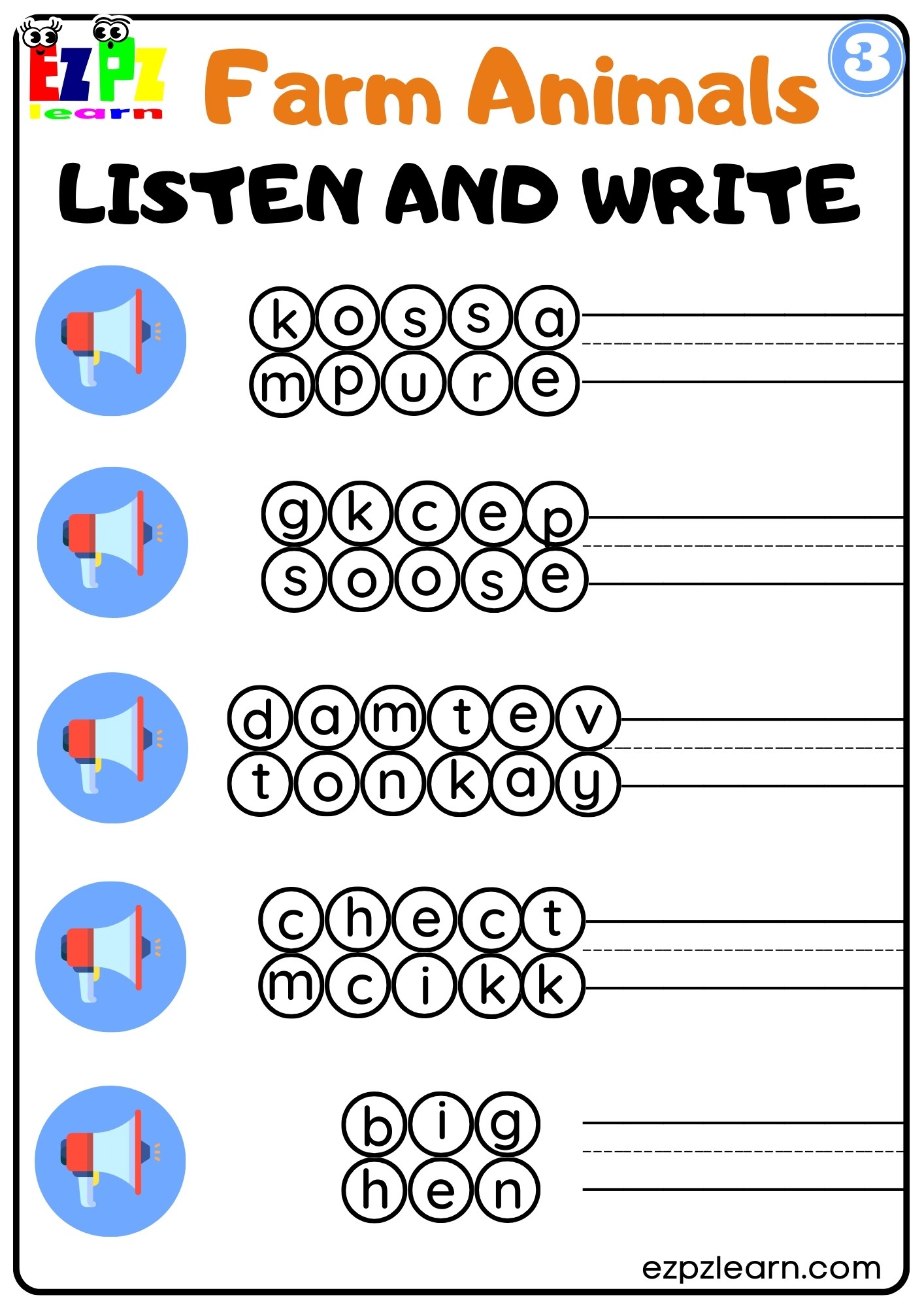 Interactive Worksheet for Farm Animals Listen Circle and Write Activity ...
