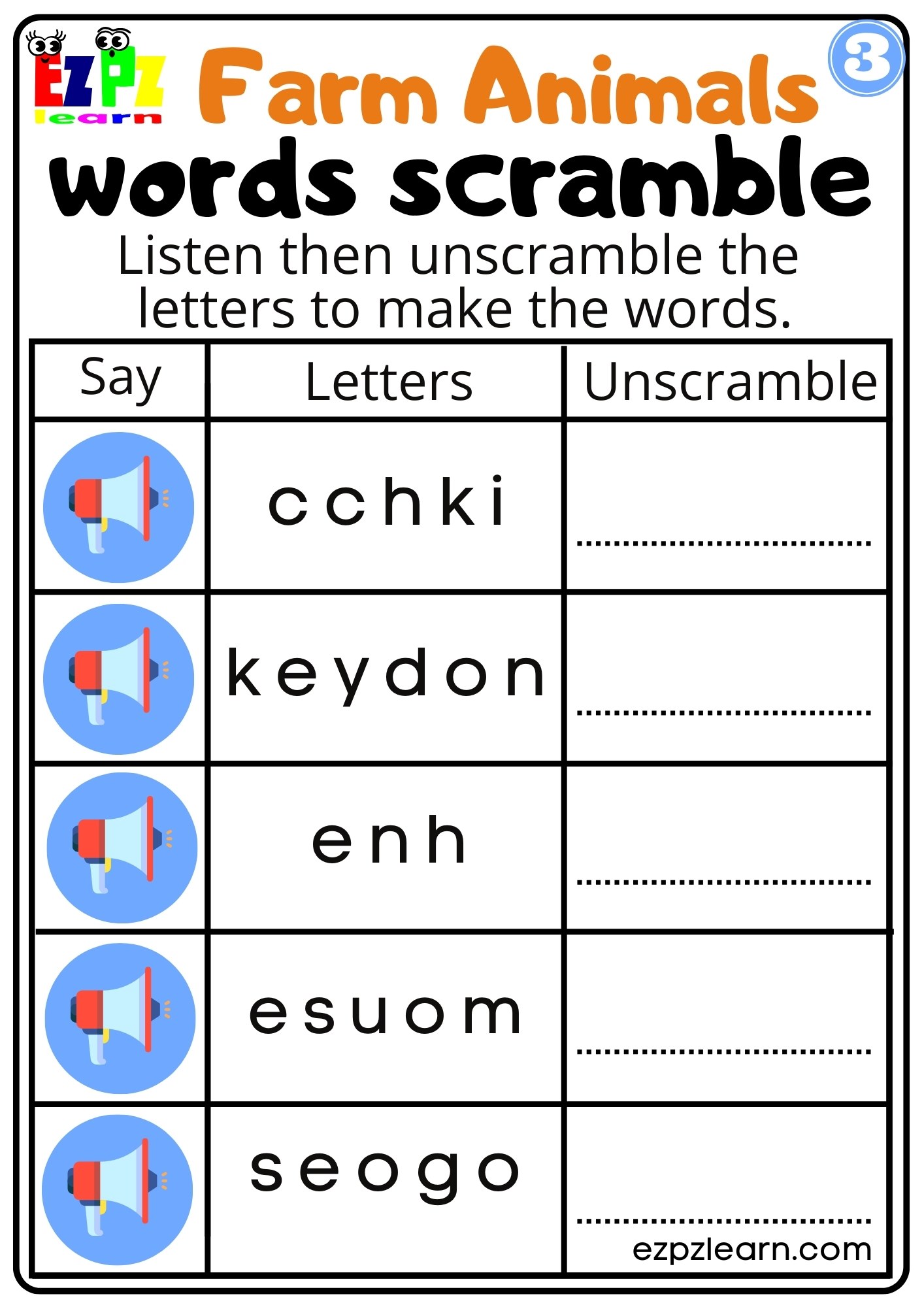 Interactive Worksheet for Farm Animals Listen Unscramble the Words and ...