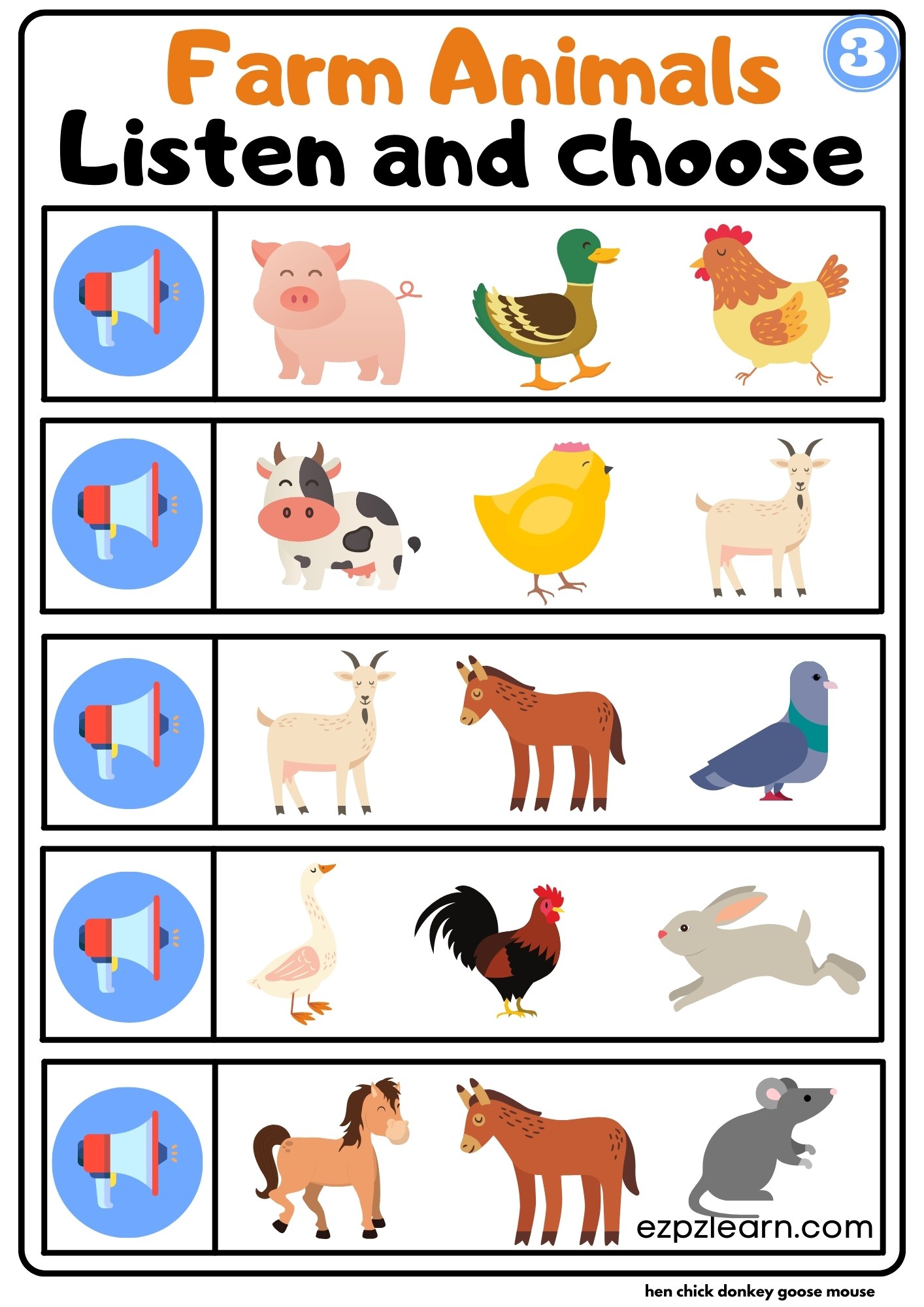 Interactive Worksheet for Farm Animals Listen and Choose the Correct ...