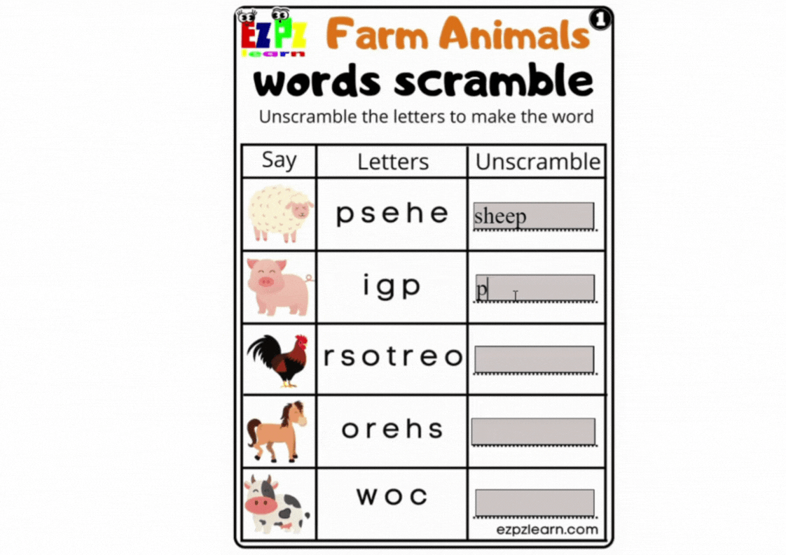 Farm Animals Word Scramble Worksheet for Kindergarten or ESL Students ...