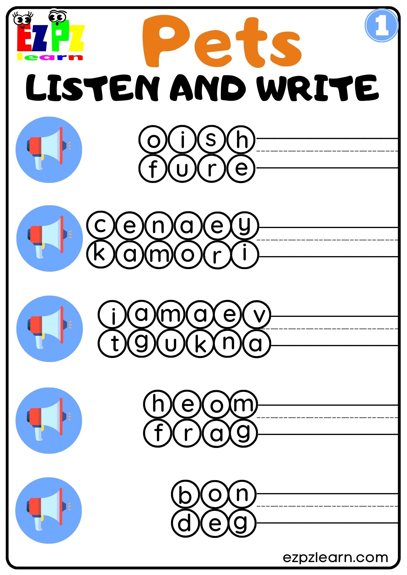 Interactive Worksheet for Pets Listen and Write Activity for Kids Group ...