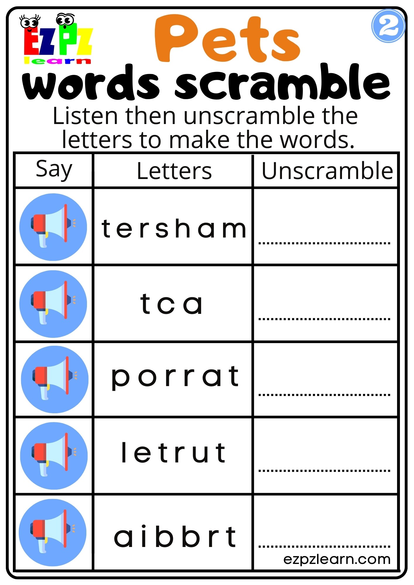 Interactive Worksheet for Pets Listen and Unscramble the Words Activity ...