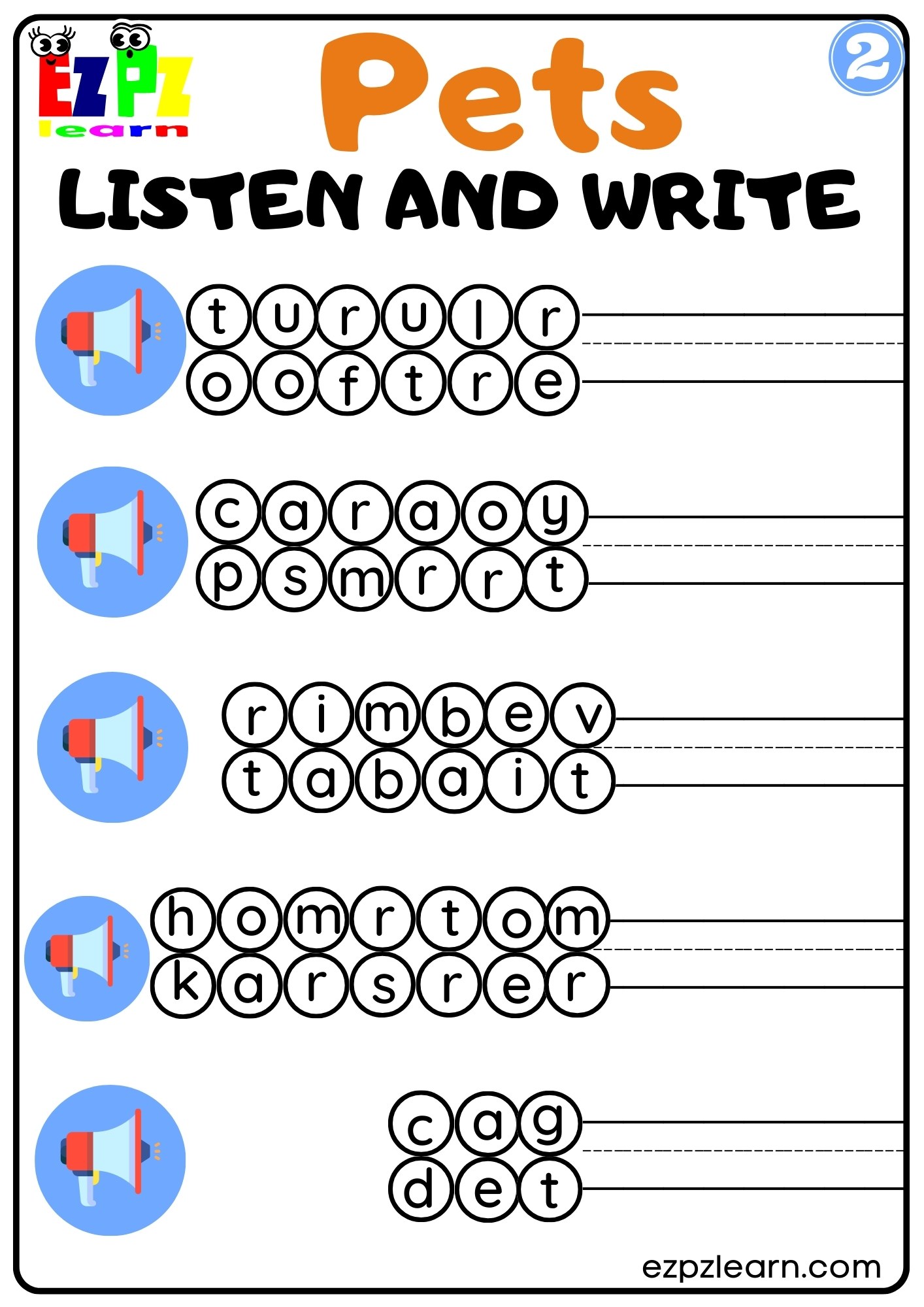 Interactive Worksheet for Pets Listen and Write Activity for Kids Group ...