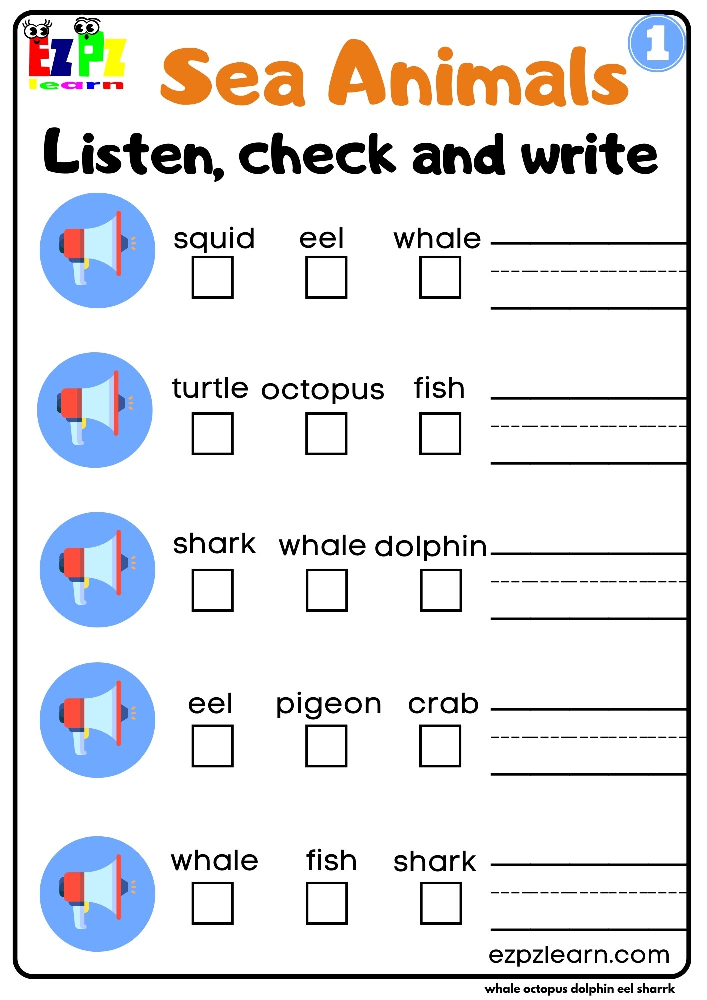 Interactive Worksheet for Sea Animals Listen Check and Write Activity ...