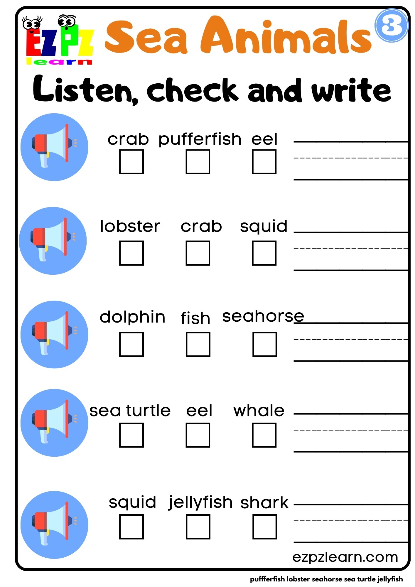 Interactive Worksheet for Sea Animals Listen Check and Write Activity ...
