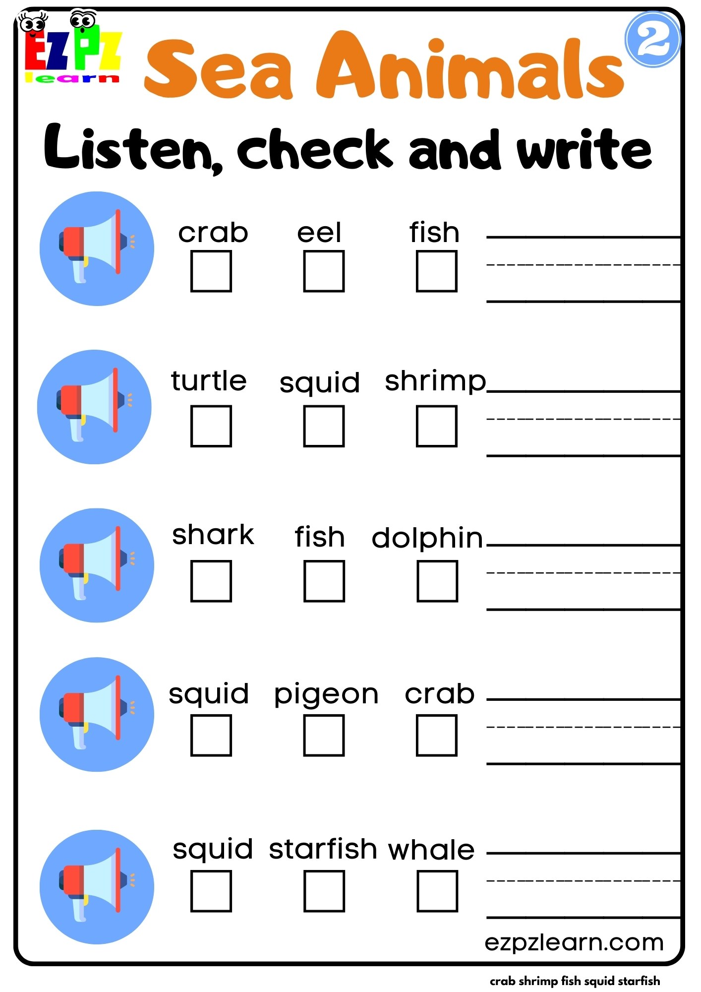 Interactive Worksheet for Sea Animals Listen Check and Write the ...