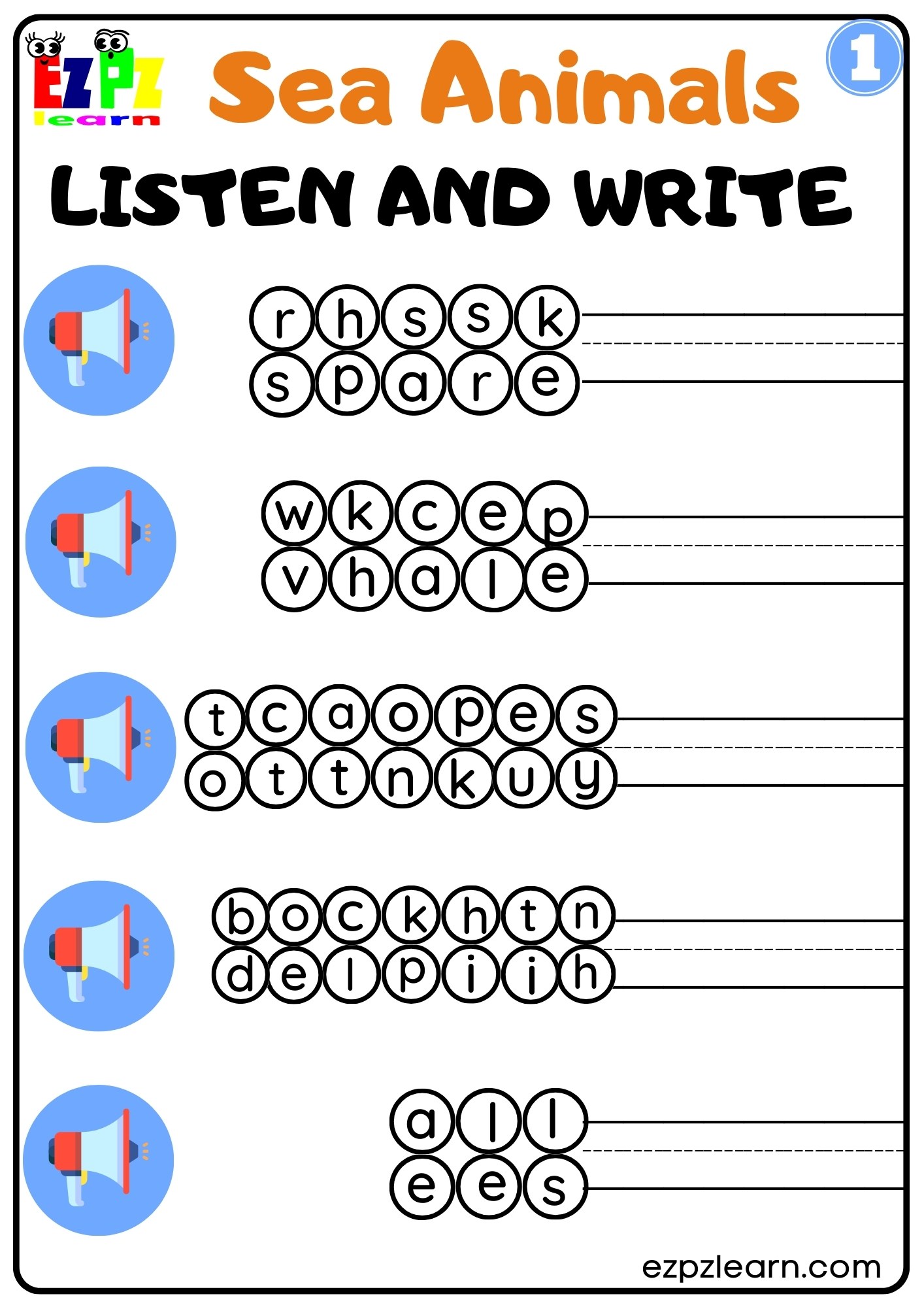 Interactive Worksheet for Sea Animals Listen and Write Activity for ...