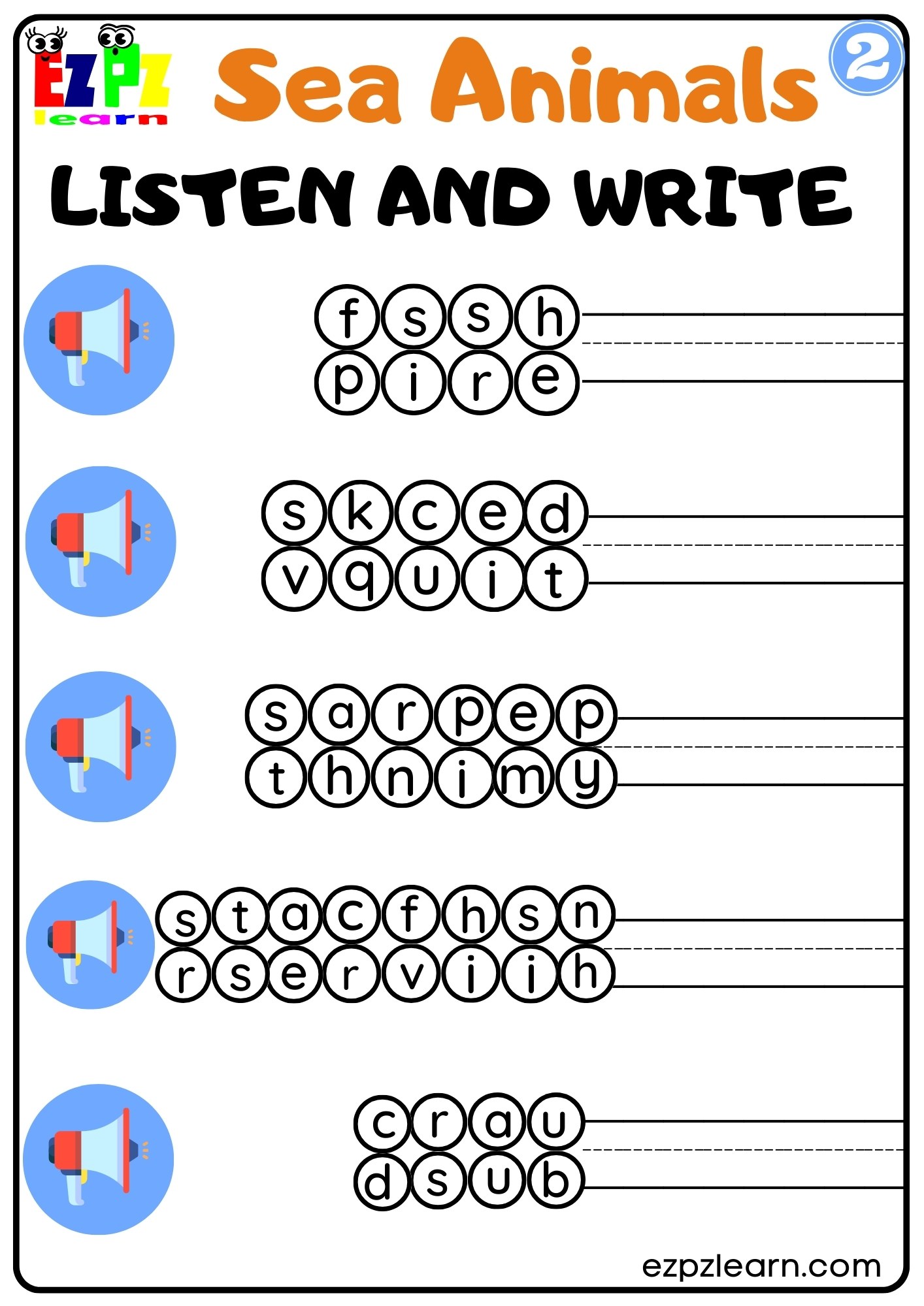 Interactive Worksheet for Sea Animals Listen and Write the Correct ...