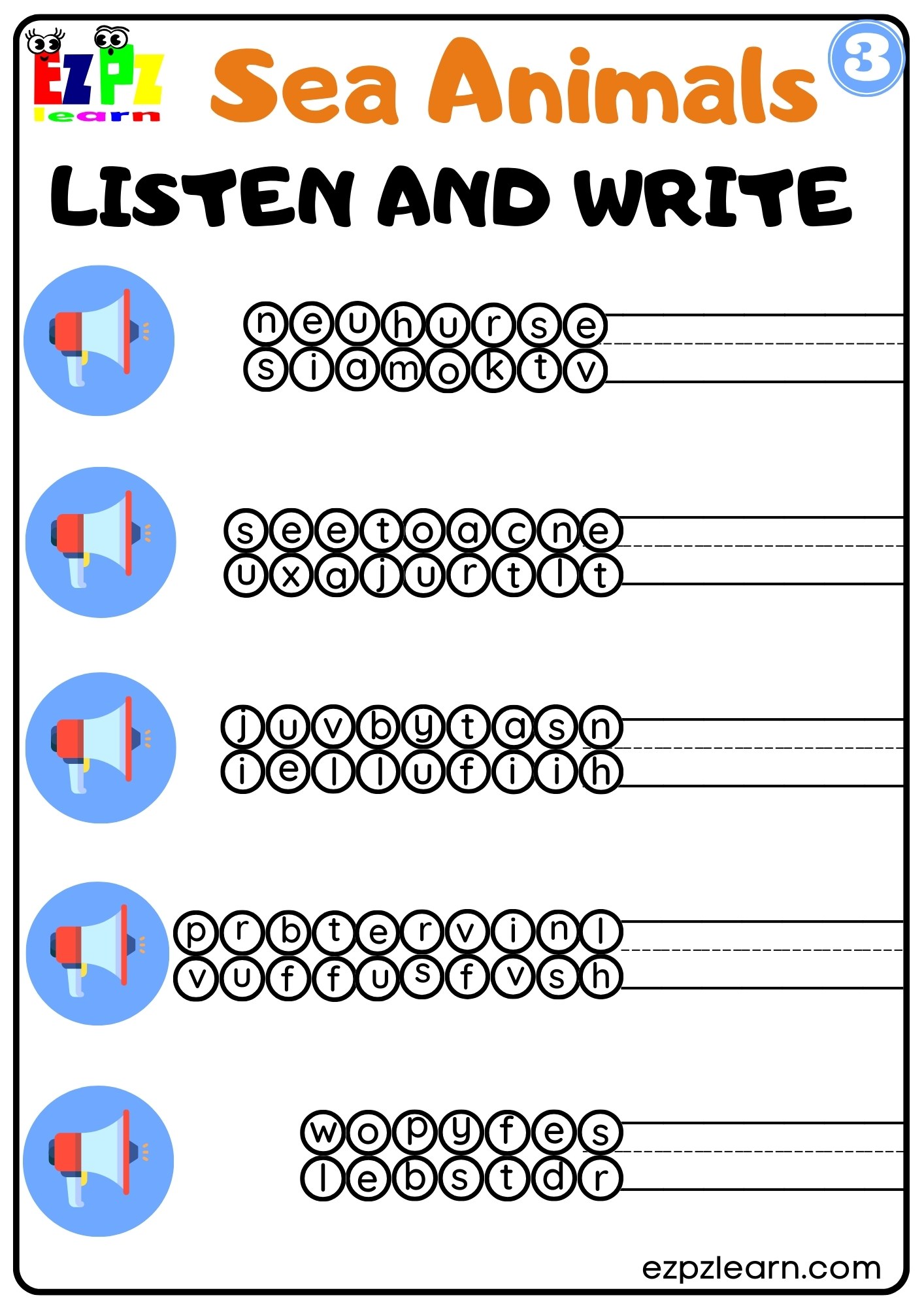 Interactive Worksheet for Sea Animals Listen and Write Activity for ...