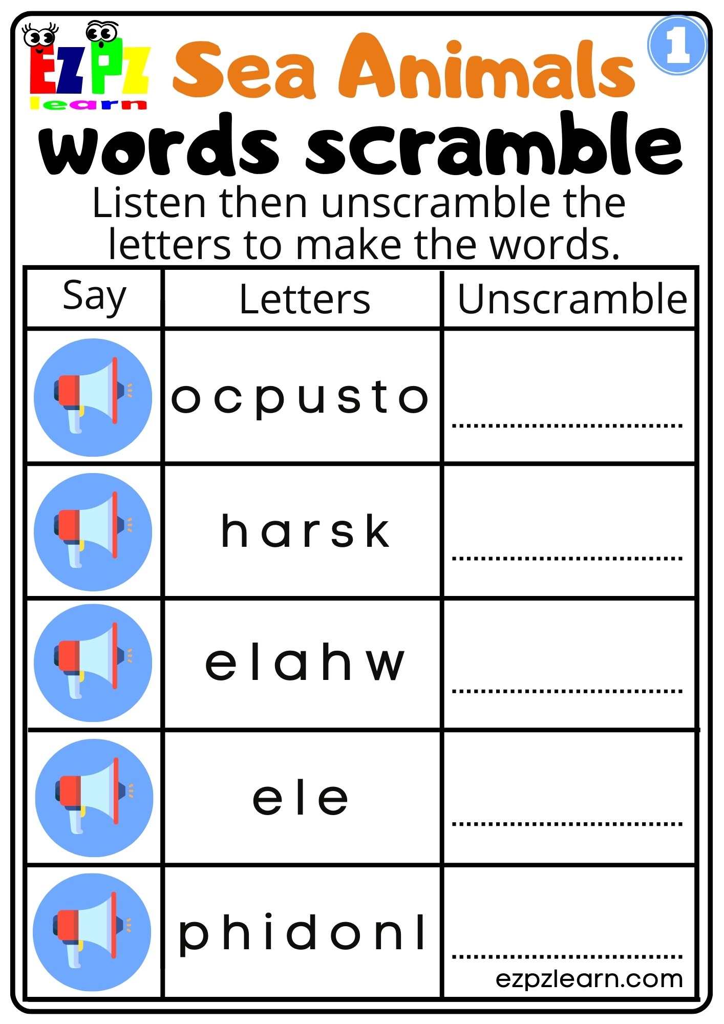 Interactive Worksheet for Sea Animals Listen and Unscramble the Words ...