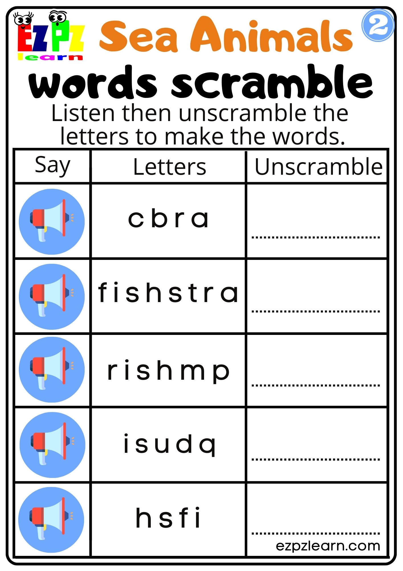 Interactive Worksheet for Sea Animals Listen and Unscramble the Words ...