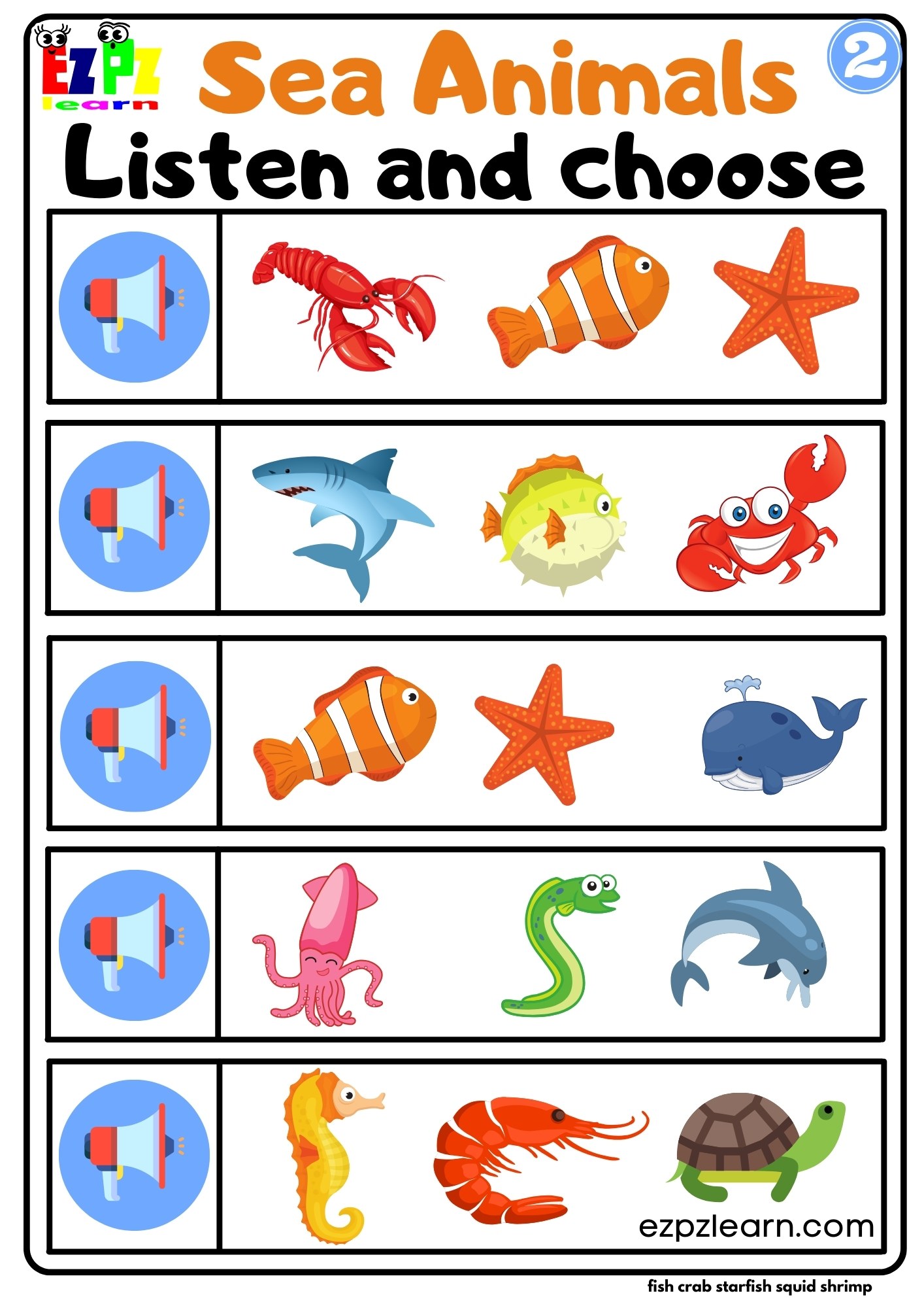 Interactive Worksheet for Sea Animals Listen and Choose the Correct ...