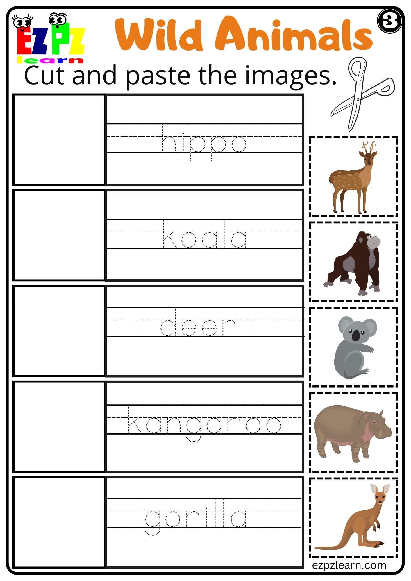 Wild Animals Cut and Paste Worksheet for Kids and ESL PDF Download Set ...
