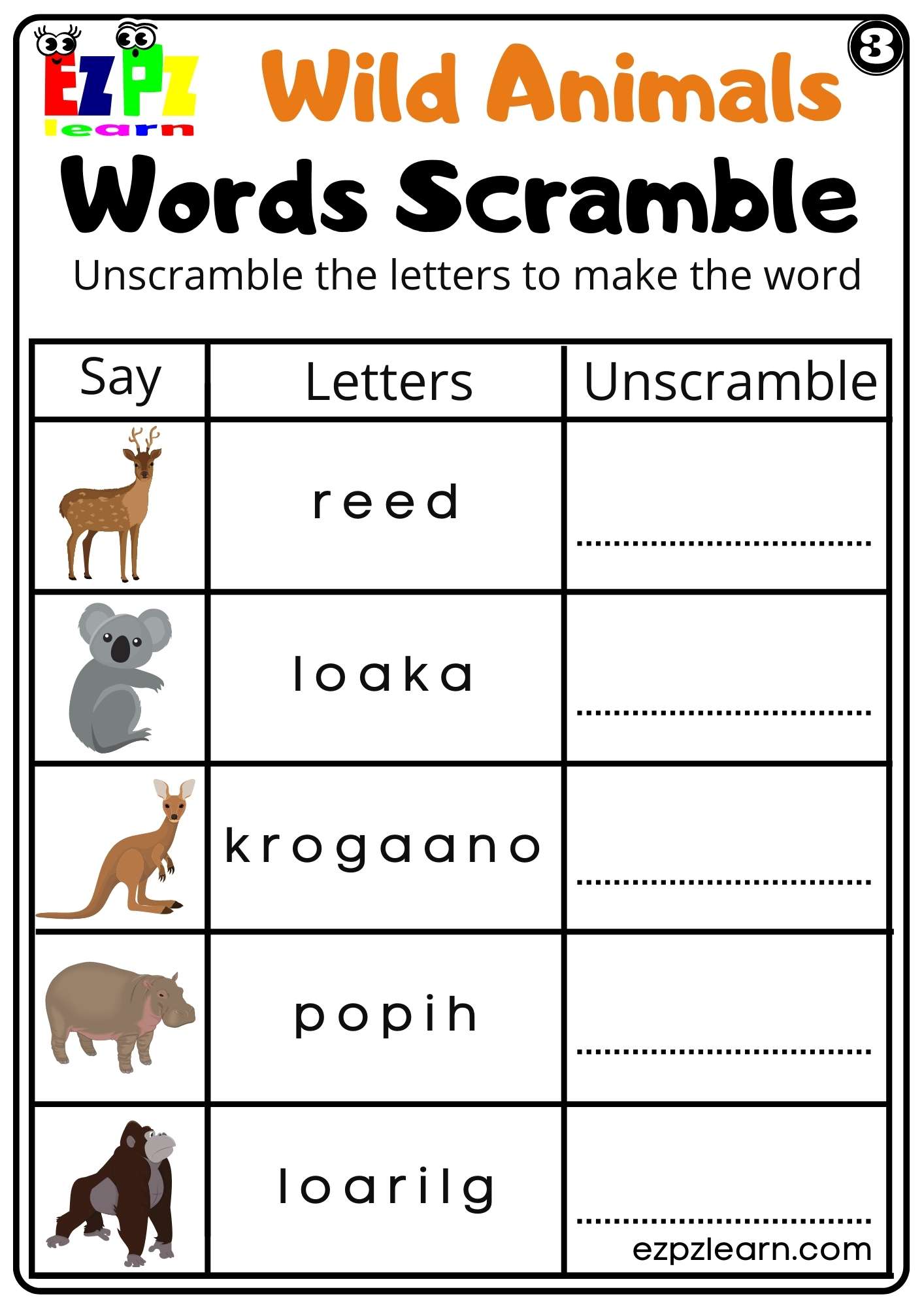 Wild Animals Word Scramble Worksheet for Kids and ESL PDF Download Set ...
