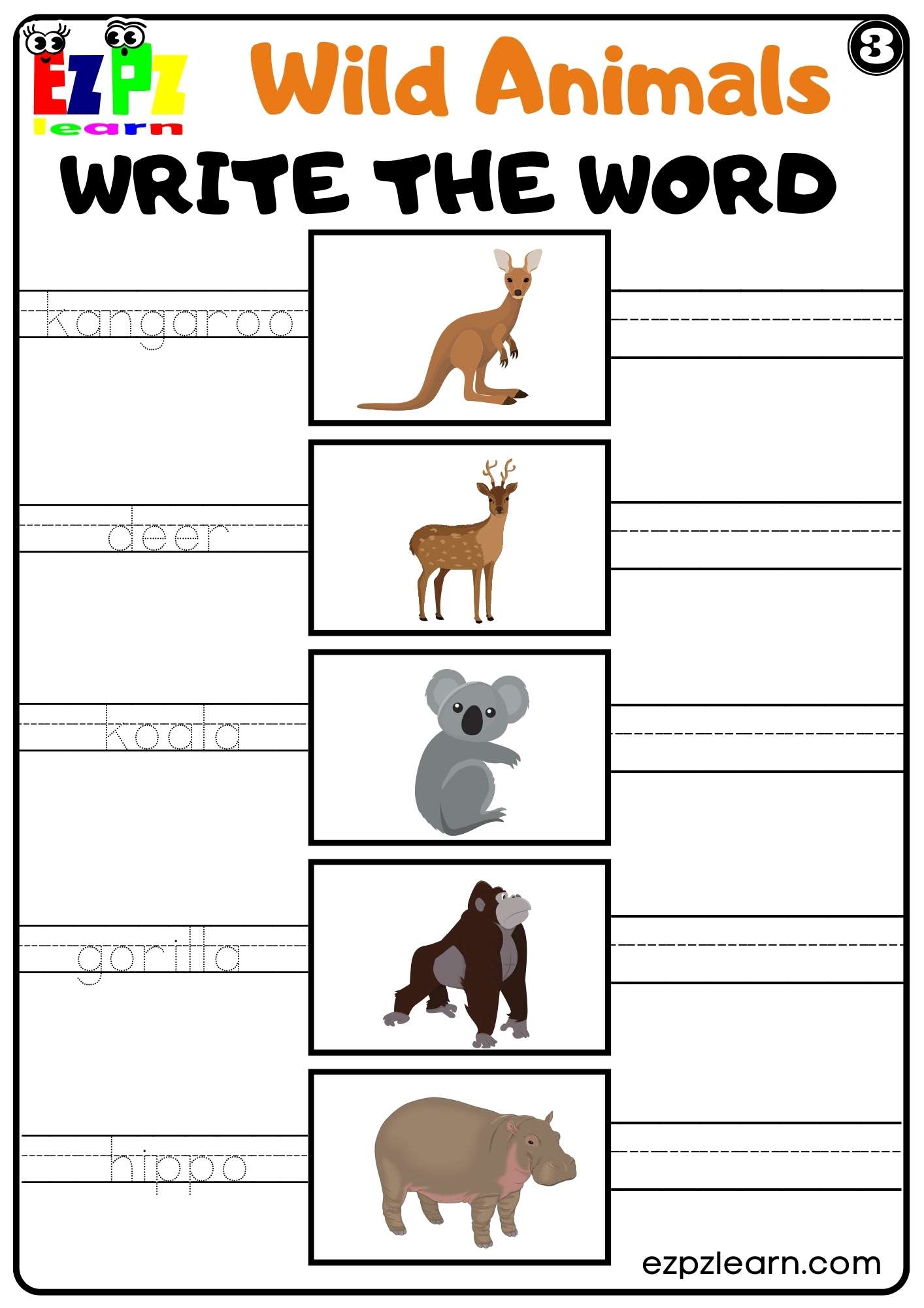 Wild Animals Write the Word Worksheet for Kids and ESL PDF Download Set ...