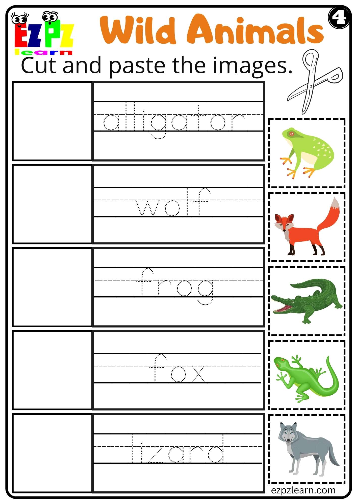 Wild Animals Cut and Paste Worksheet for Kids and ESL PDF Download Set ...