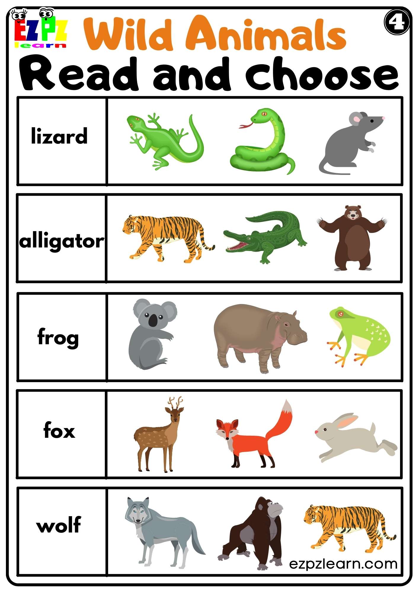 Wild Animals Read and Choose Worksheet for Kids and ESL PDF Download ...