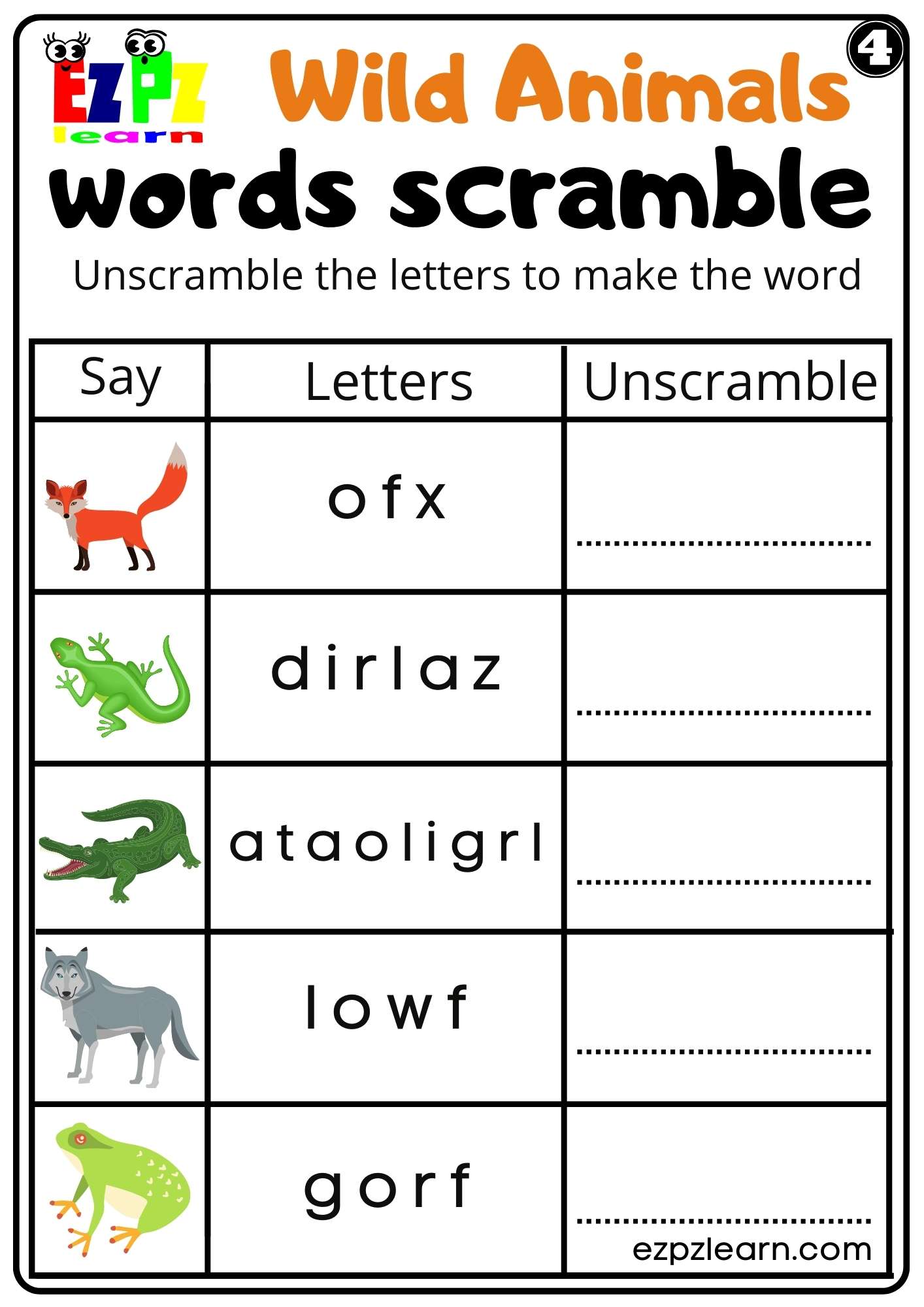 Wild Animals Word Scramble Worksheet for Kids and ESL PDF Download Set ...