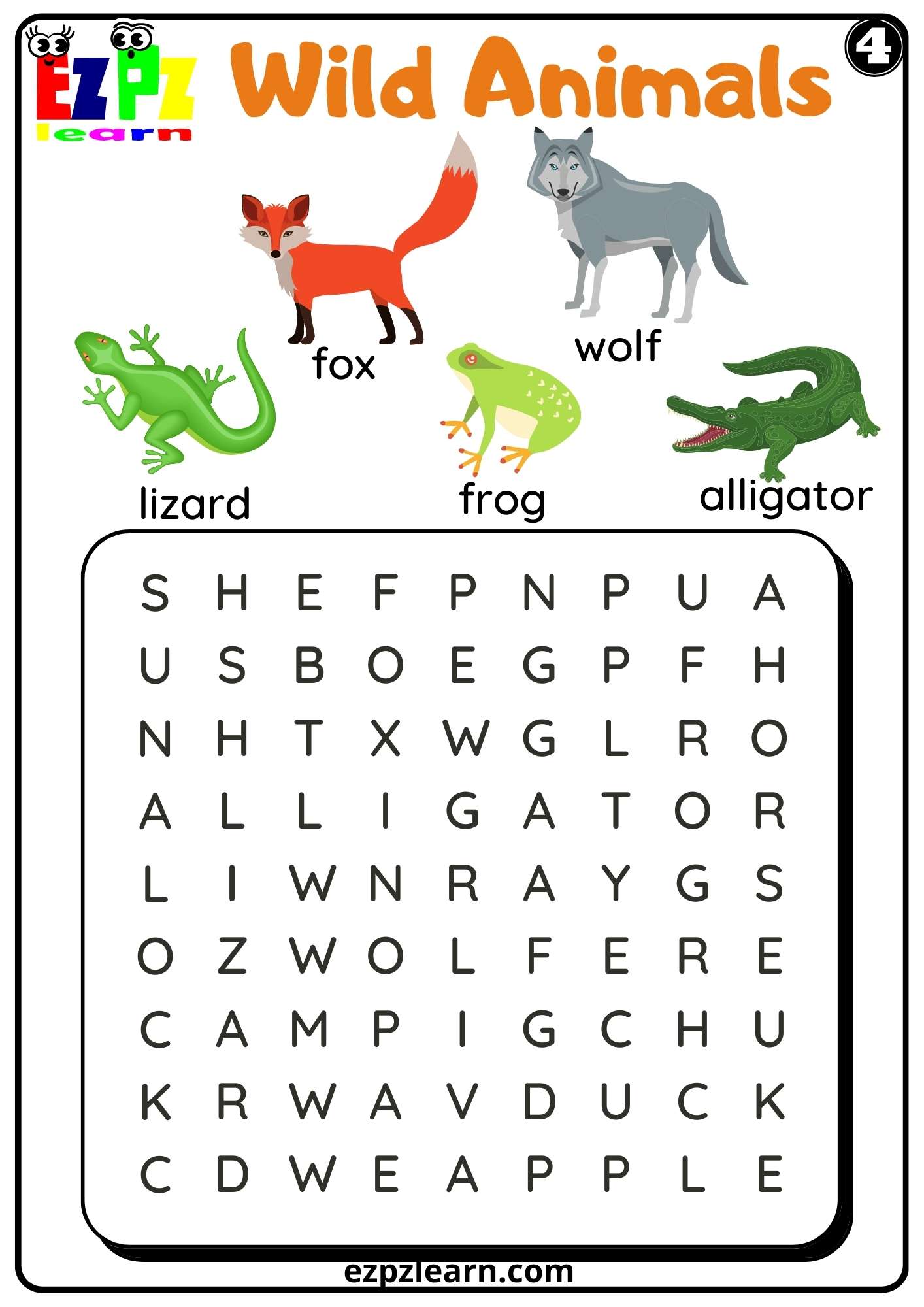 Wild Animals Word Search Worksheet for Kids and ESL PDF Download Set 4 ...
