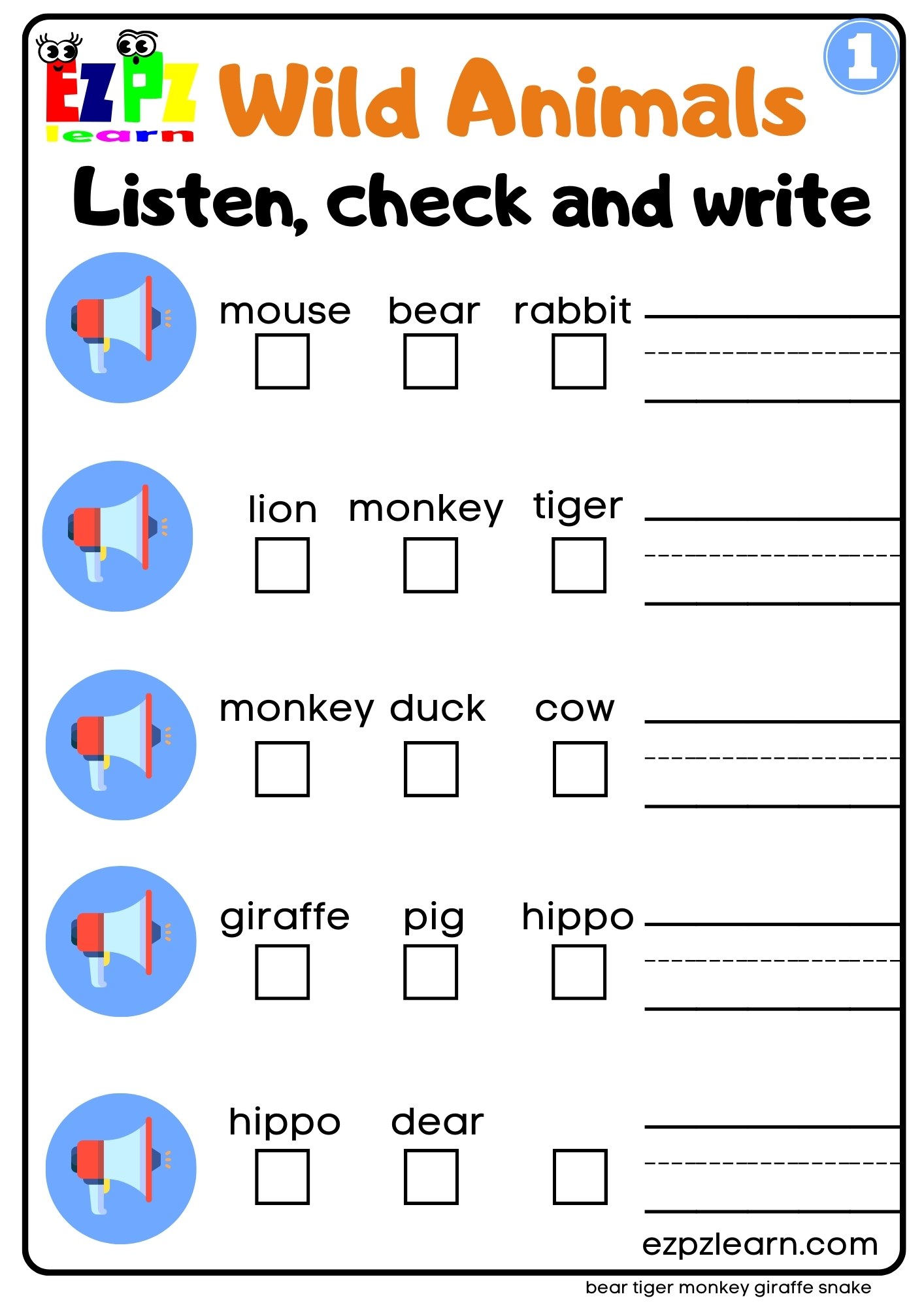 Interactive Worksheet for Wild Animals Listen Check and Write Activity ...