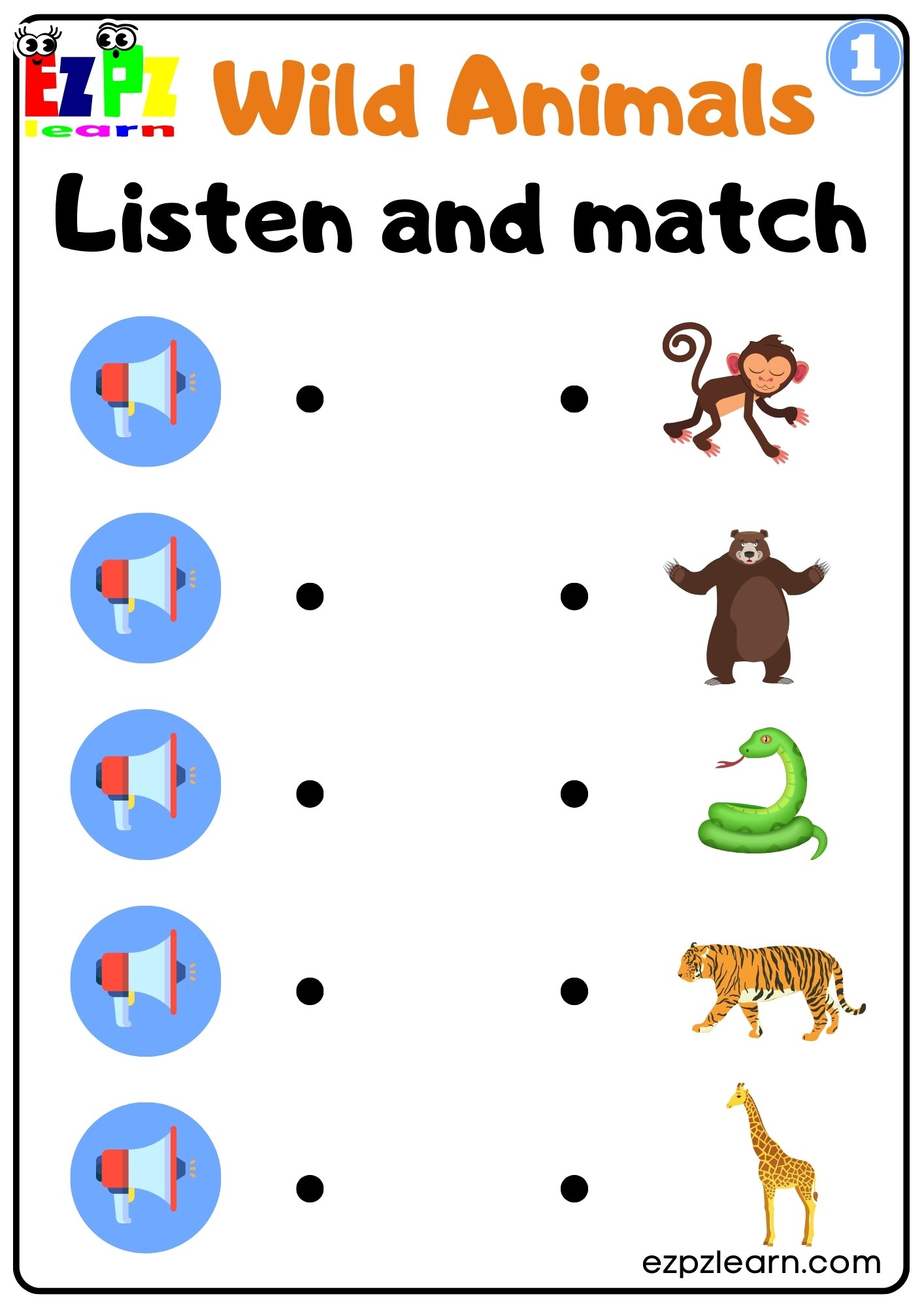 Interactive Worksheet for Wild Animals Listen and Match the Correct ...