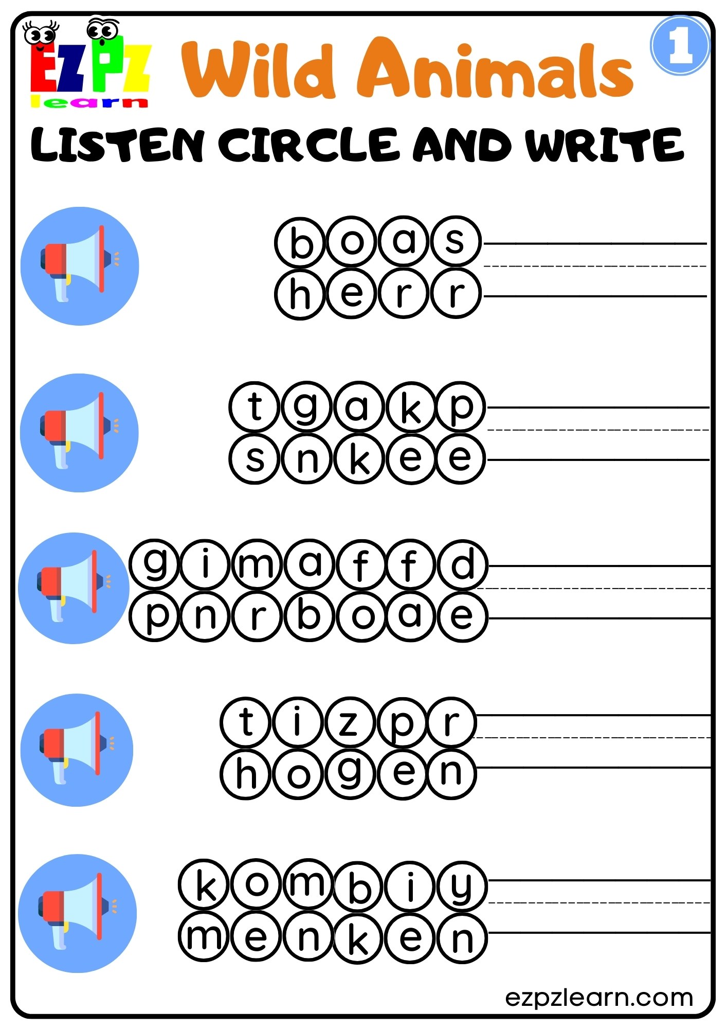 Interactive Worksheet for Wild Animals Listen Circle and Write Activity ...