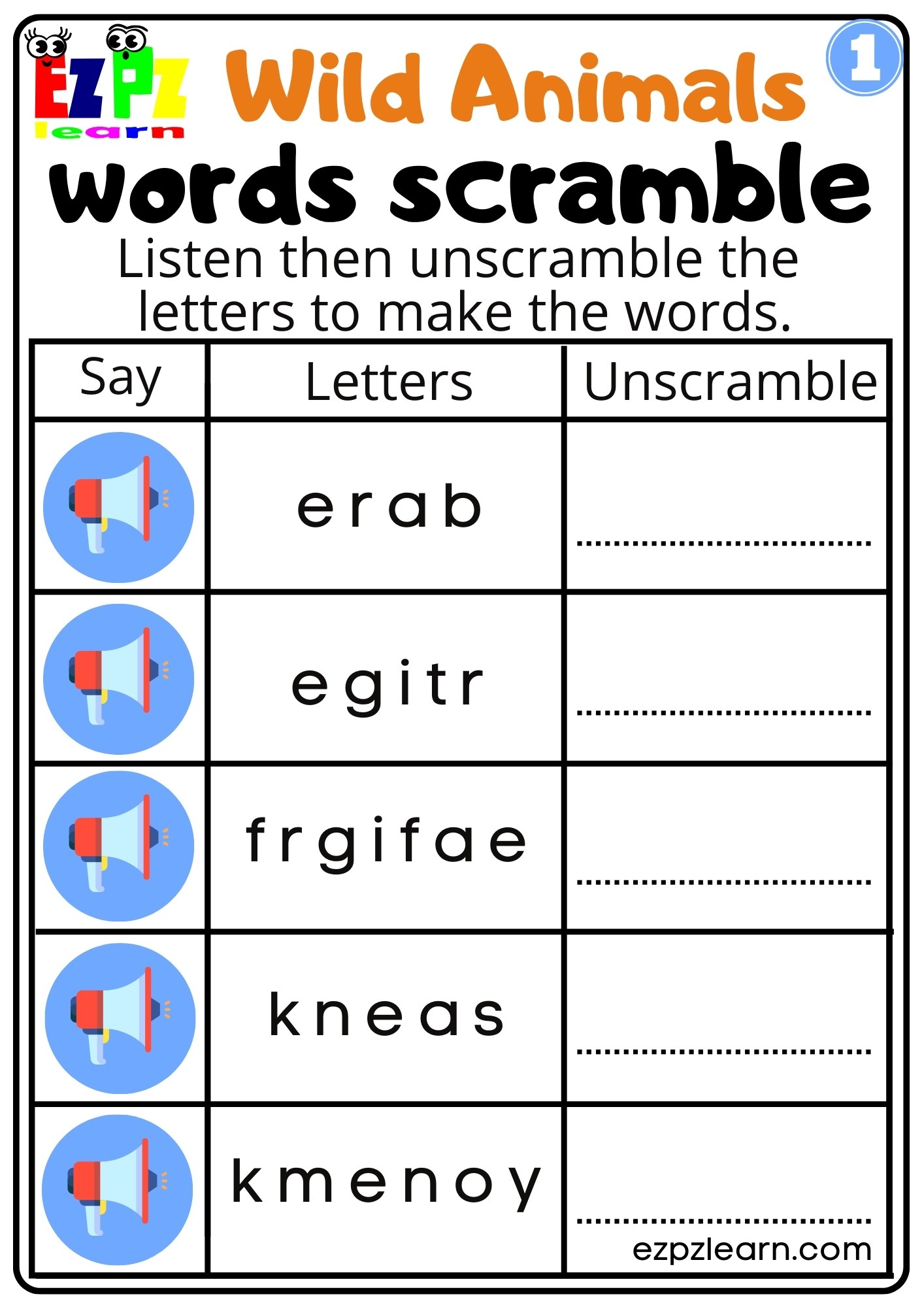 Interactive Worksheet for Wild Animals Listen, Unscramble and Write the ...