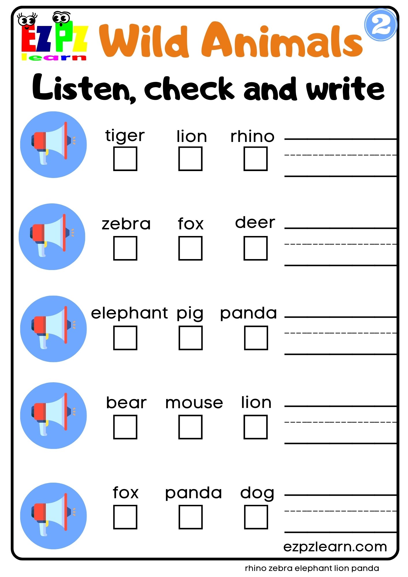 Interactive Worksheet for Wild Animals Listen Check and Write Activity ...