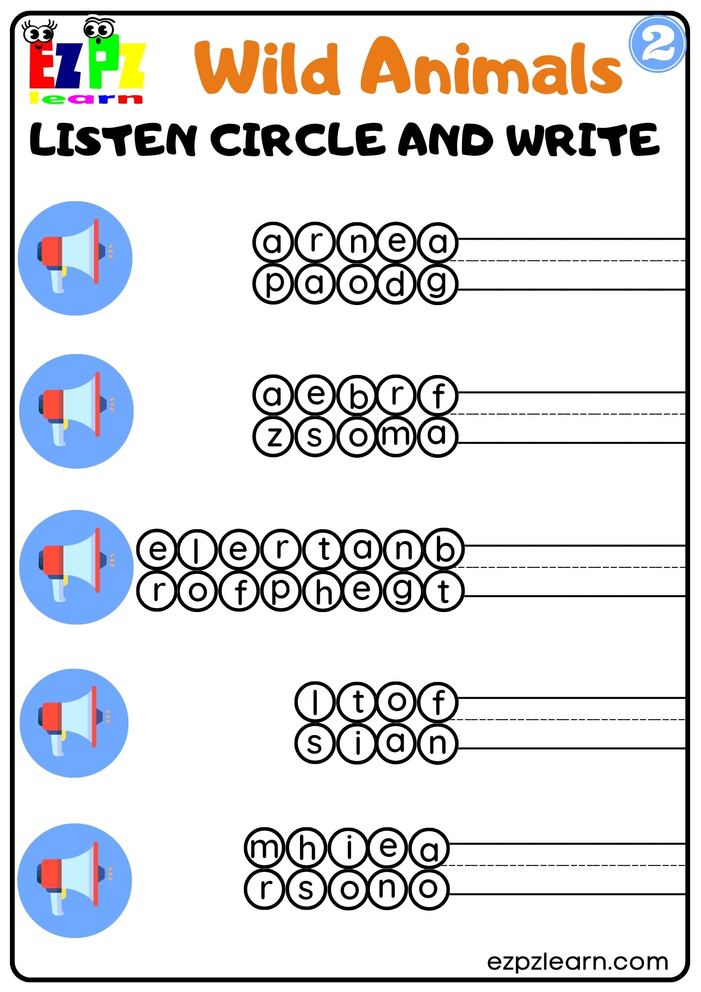 Interactive Worksheet for Wild Animals Listen, Circle and Write the ...