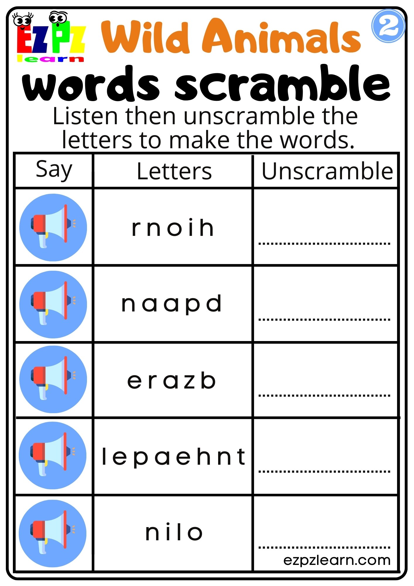 Interactive Worksheet for Wild Animals Listen and Unscramble the Words ...