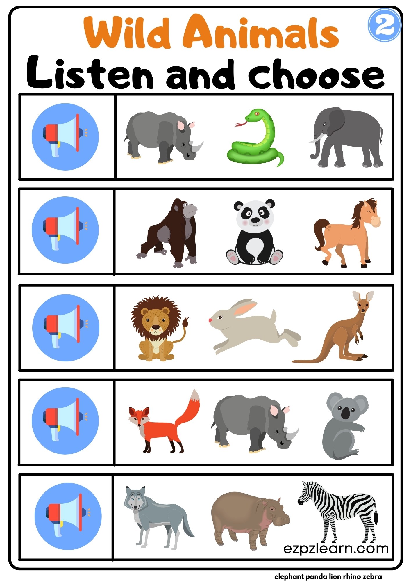 Interactive Worksheet for Wild Animals Listen and Choose the Correct ...