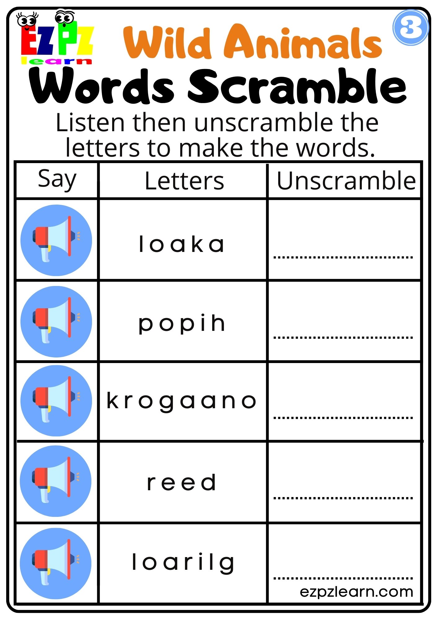 Interactive Worksheet for Wild Animals Listen, Unscramble and Write the ...
