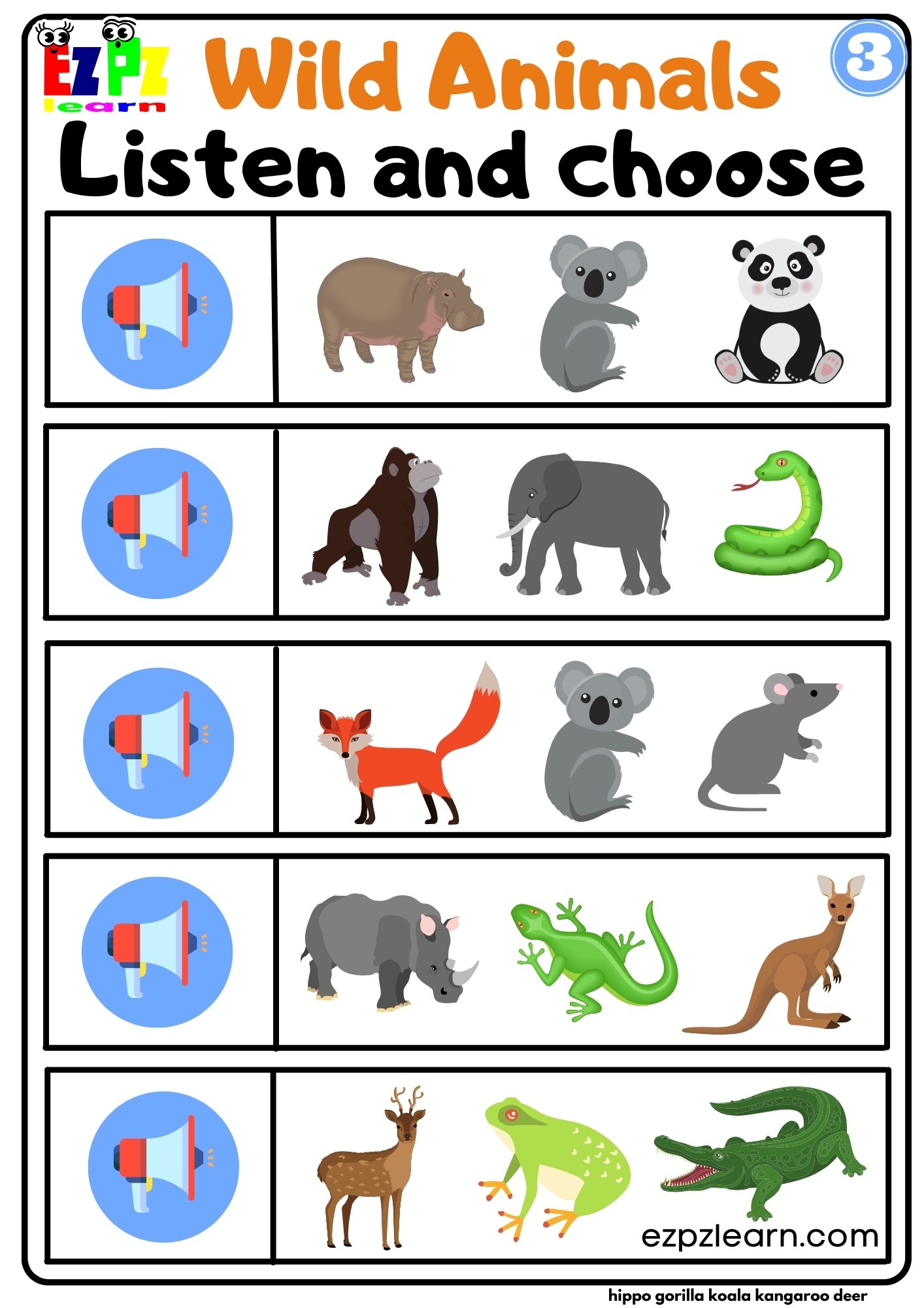 Interactive Worksheet for Wild Animals Listen and Choose the Correct ...