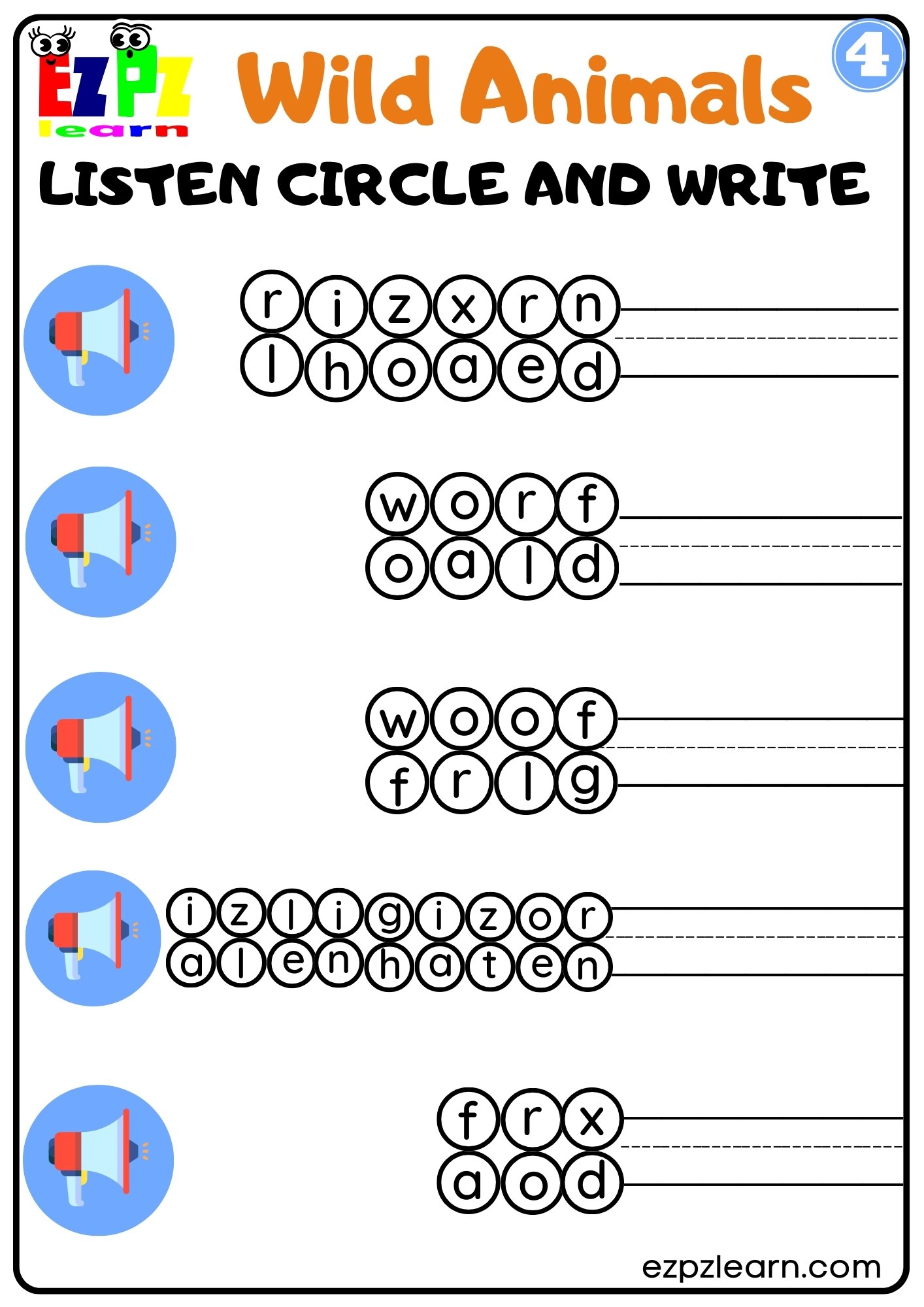 Interactive Worksheet for Wild Animals Listen, Circle and Write the ...