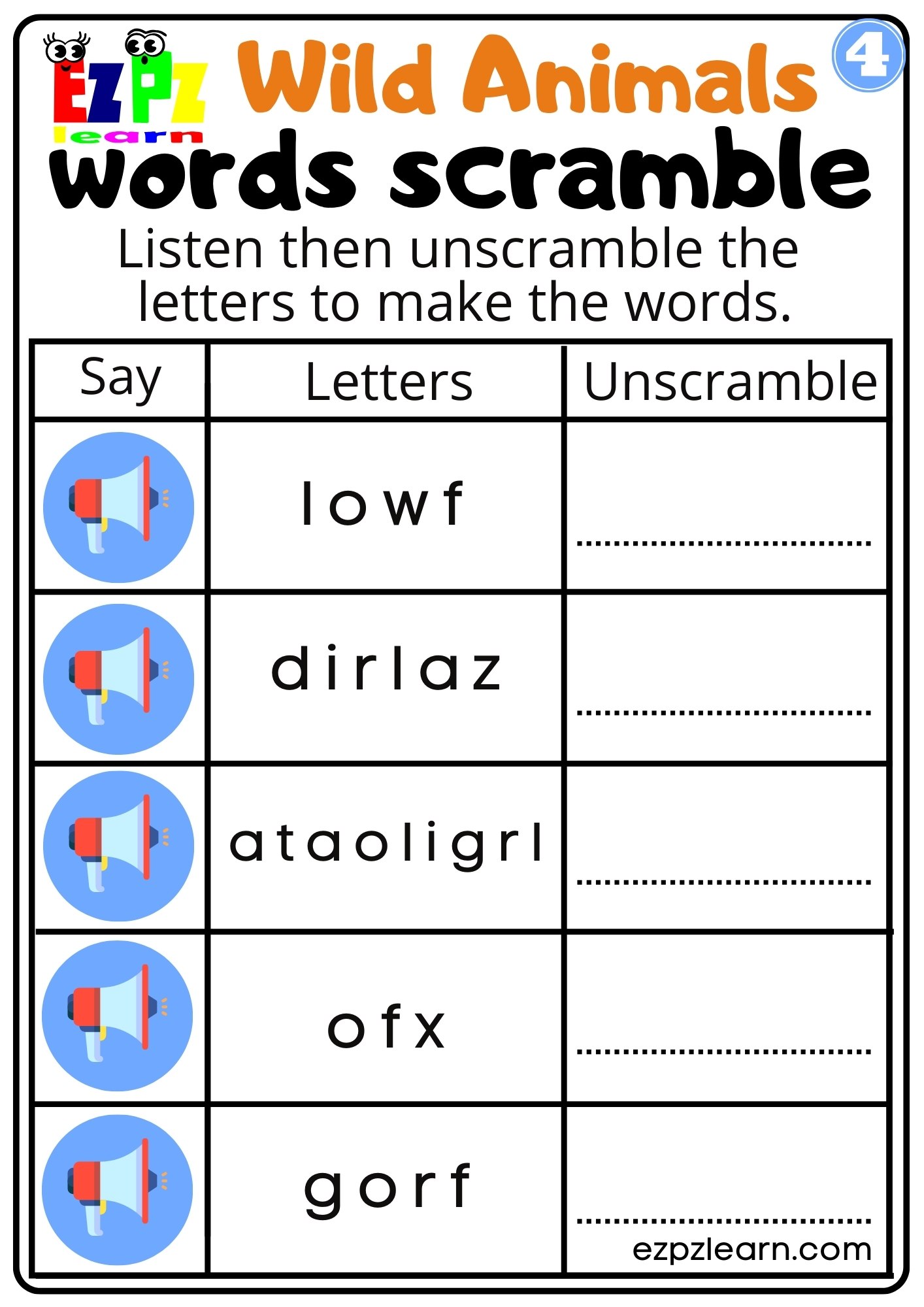 Interactive Worksheet for Wild Animals Listen, Unscramble and Write the ...