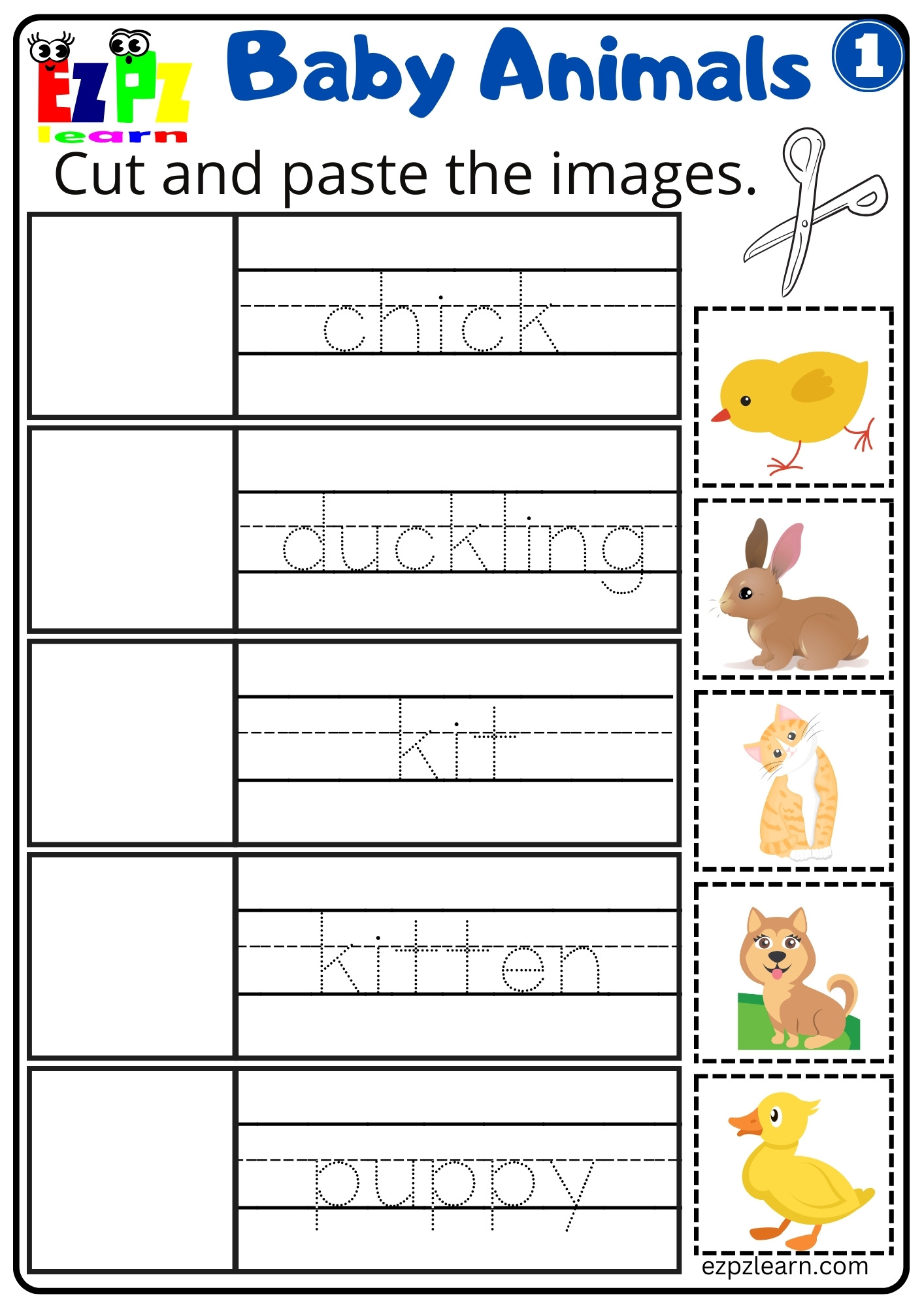 Baby Animals Vocabulary Cut and Paste Activity for English Language ...