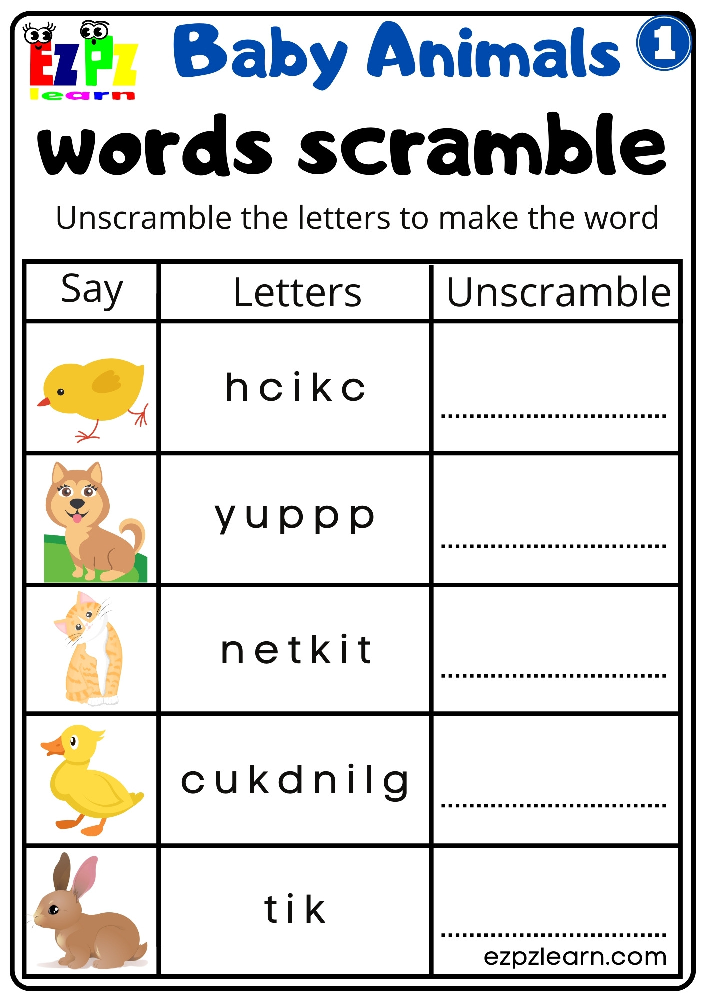 Baby Animals Vocabulary Word Scramble Activity for English Language ...