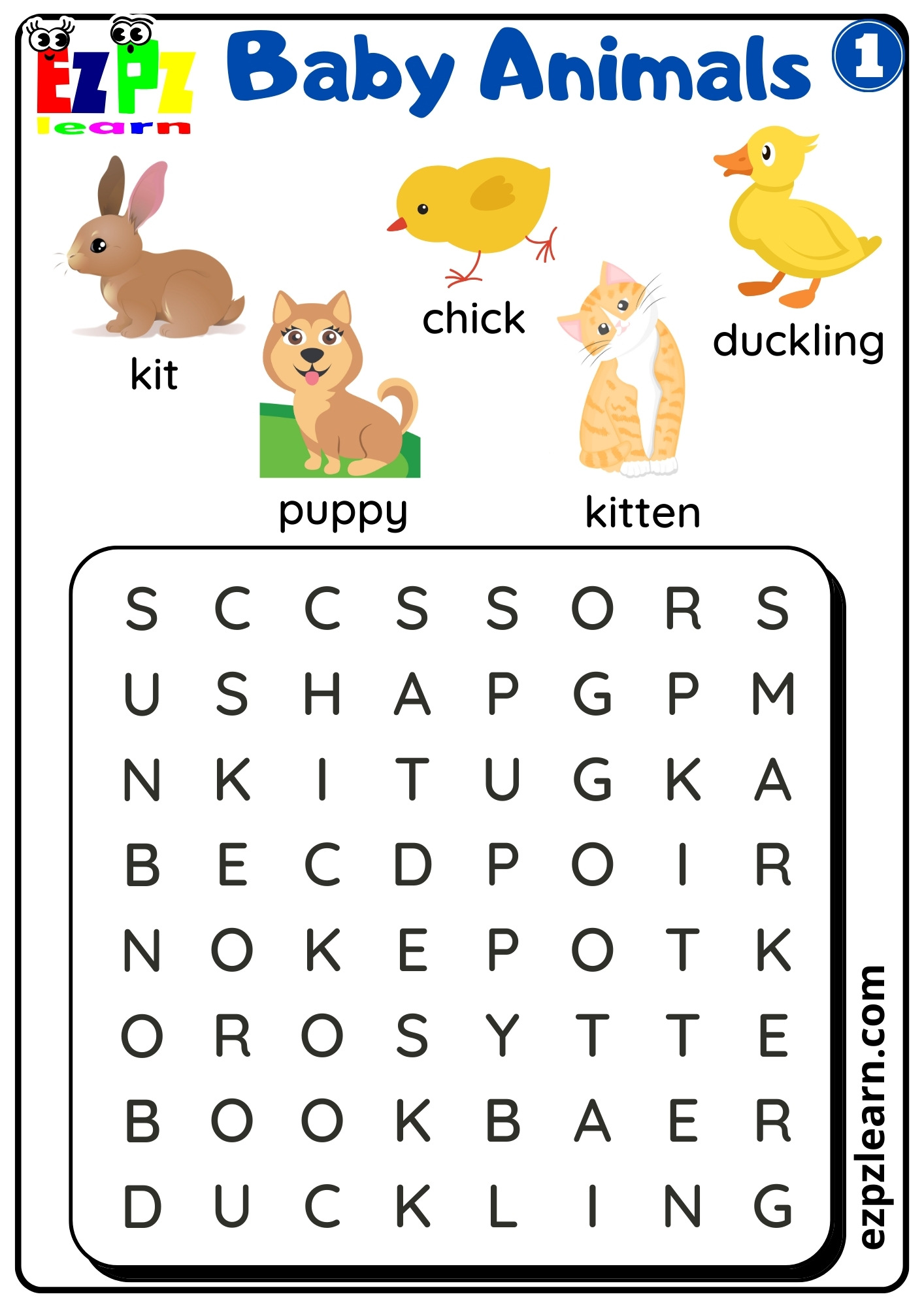 Baby Animals Word Search Worksheet for English Language Learners and ...