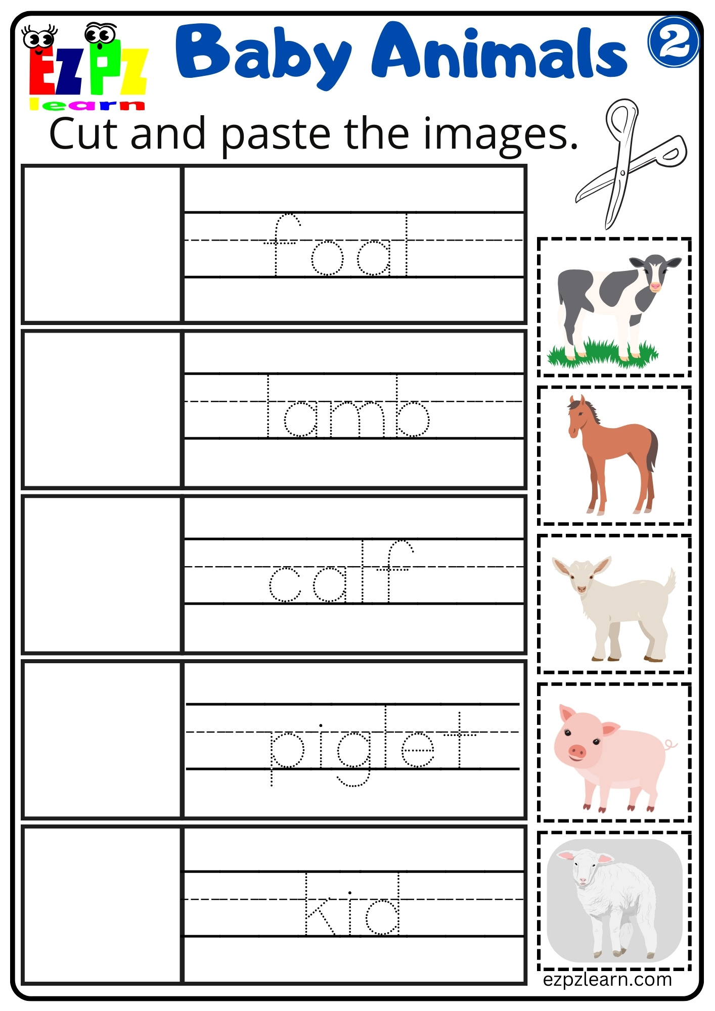 Baby Animals Vocabulary Cut and Paste Activity for English Language ...