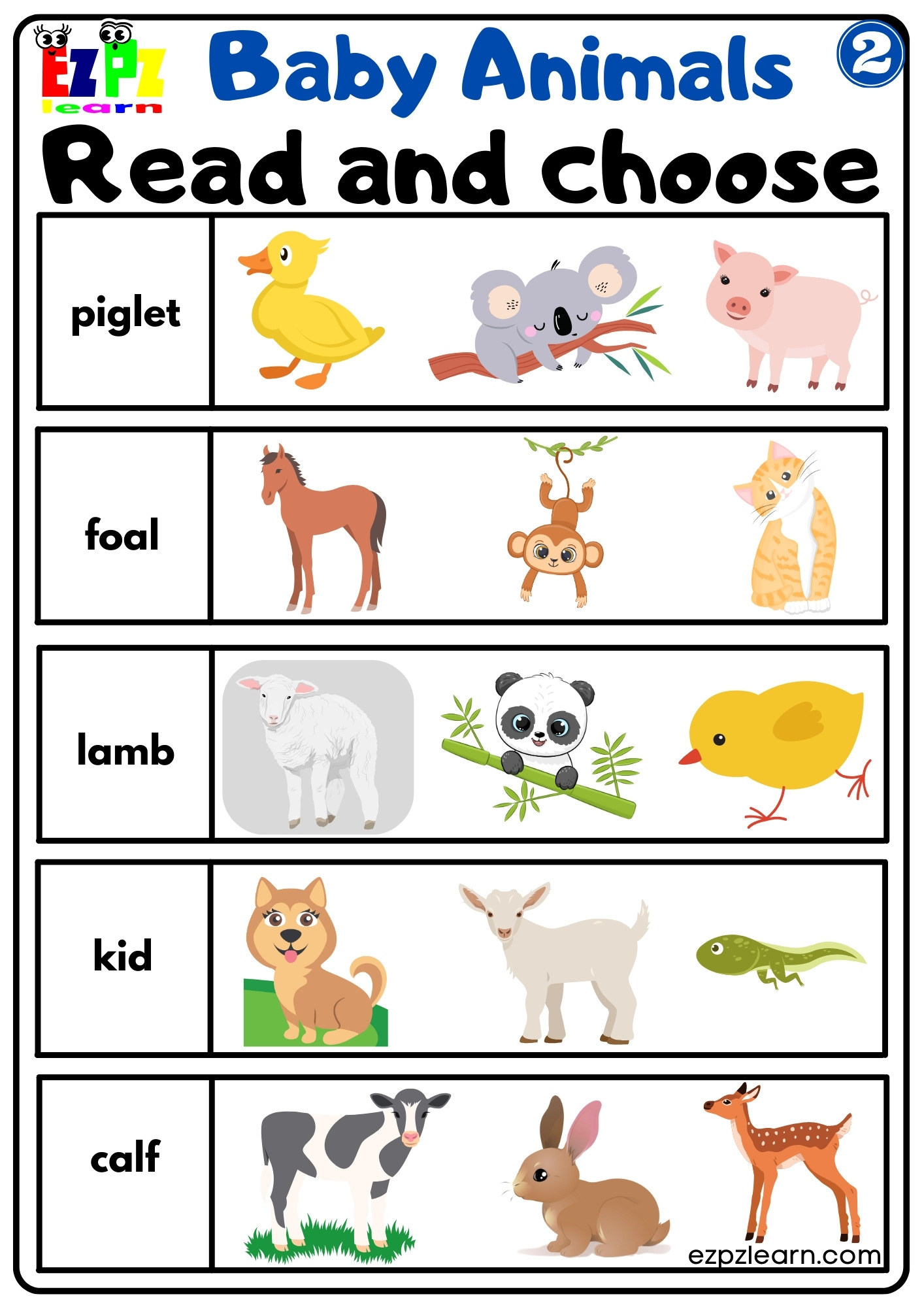 Baby Animals Vocabulary Read and Choose Activity for English Language ...