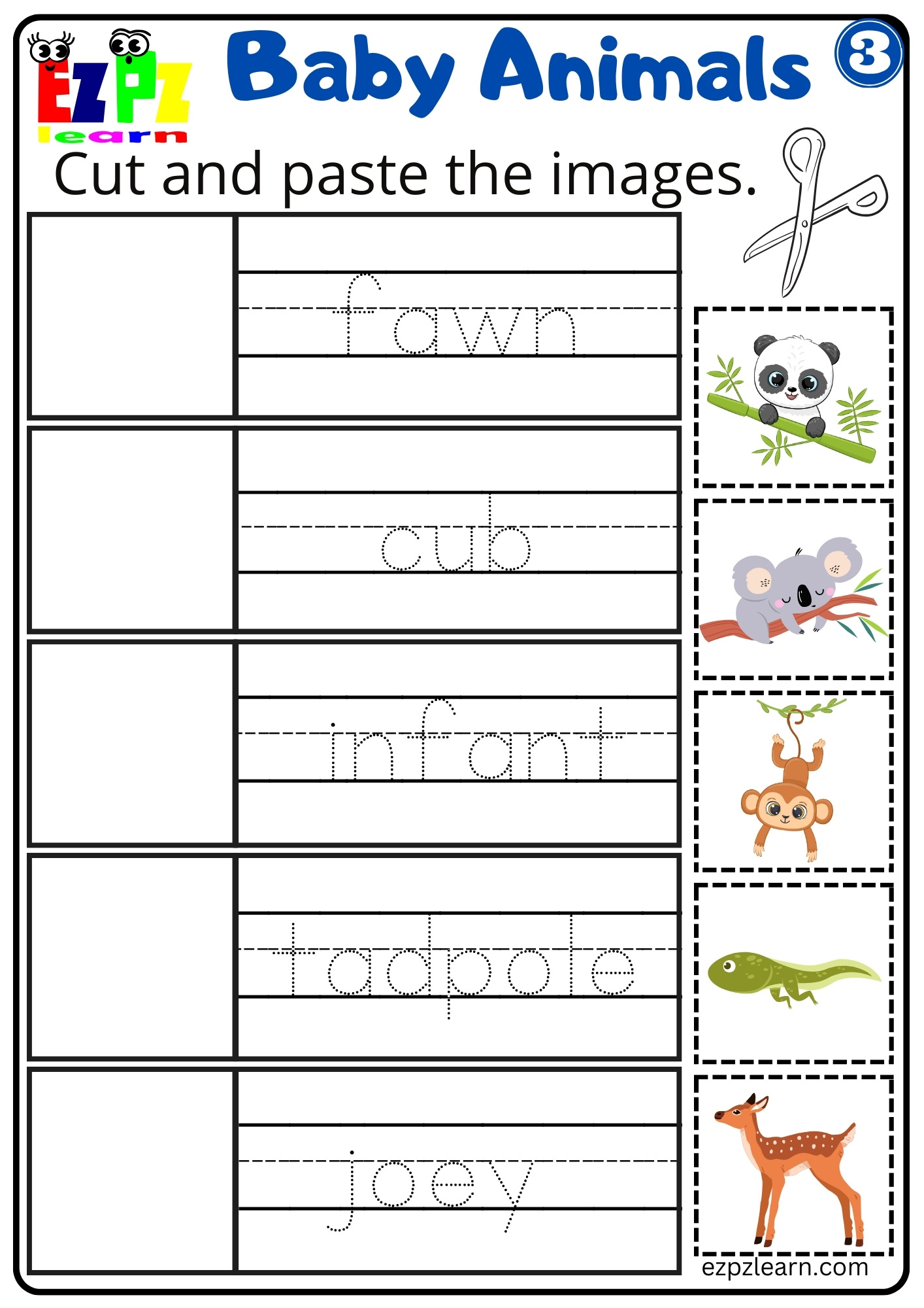 Baby Animals Vocabulary Cut and Paste Activity for English Language ...