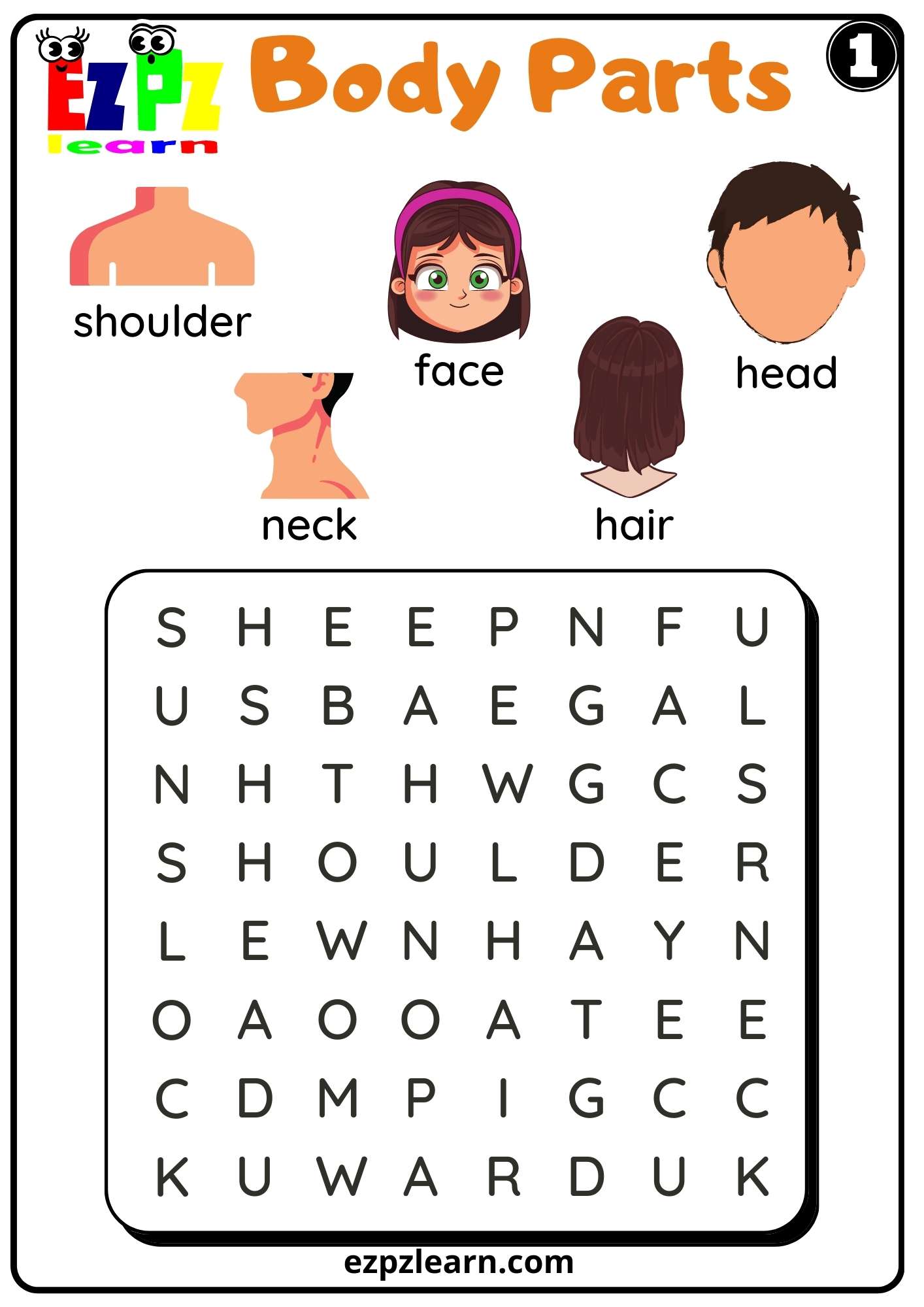 Body Parts Words Search Worksheets for Kids and ESL PDF Download set 1 ...