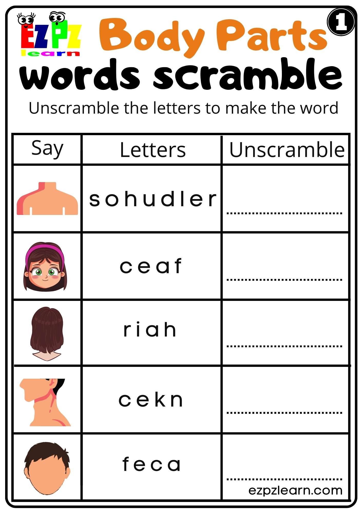 Body Parts Words Scramble Worksheets for Kids and ESL PDF Download set ...