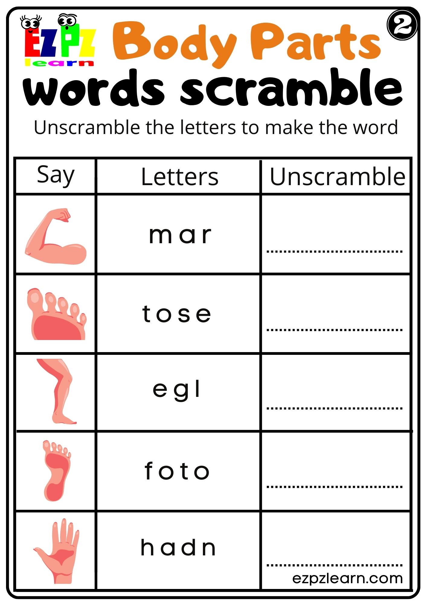 Body Parts Word Scramble Worksheets for Kids and ESL PDF Download set 2 ...