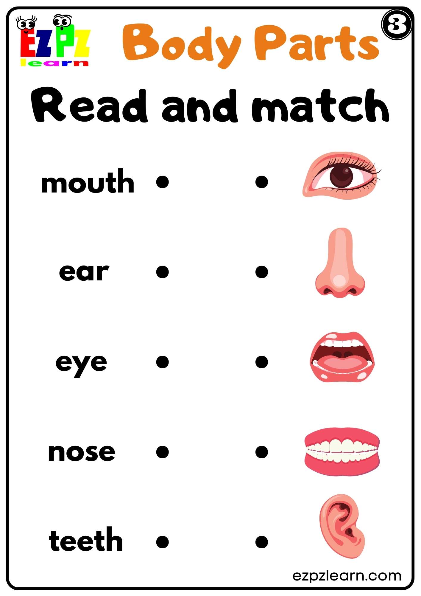 Body Parts Read and Match Worksheets for Kids and ESL PDF Download Set ...