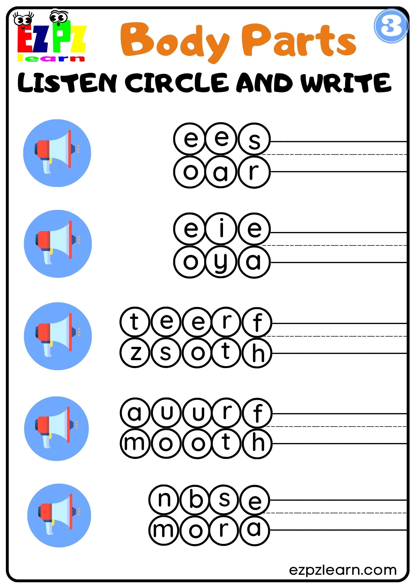 Interactive Worksheet for Body Parts Listen, Circle and Write the Words ...