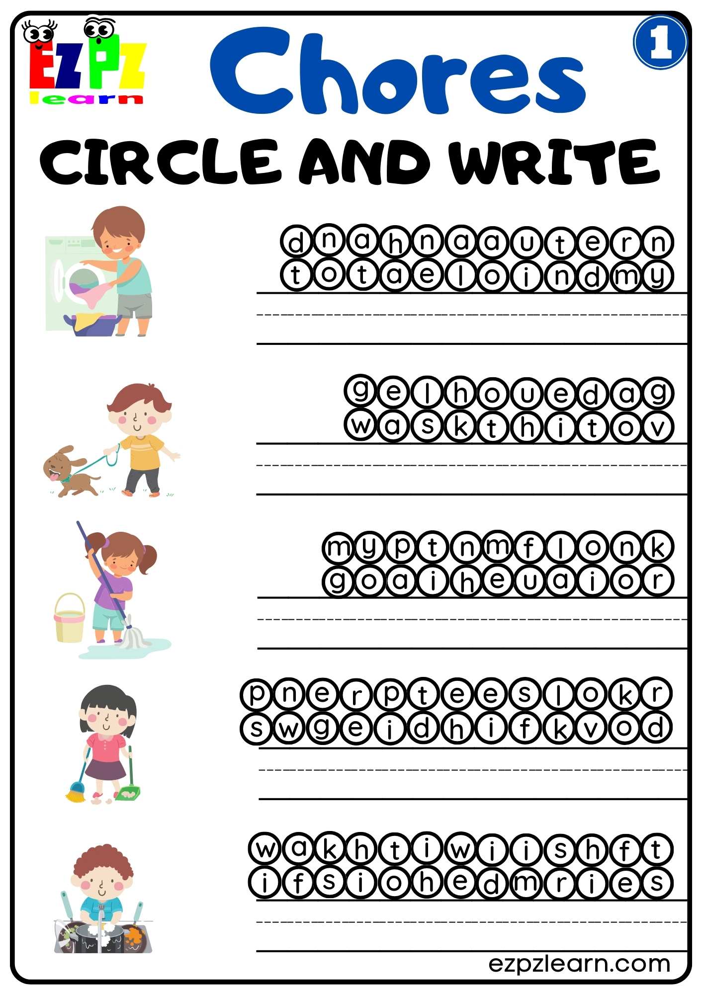 Household Chores Vocabulary Circle and Write Worksheet For Kids Group 1 ...